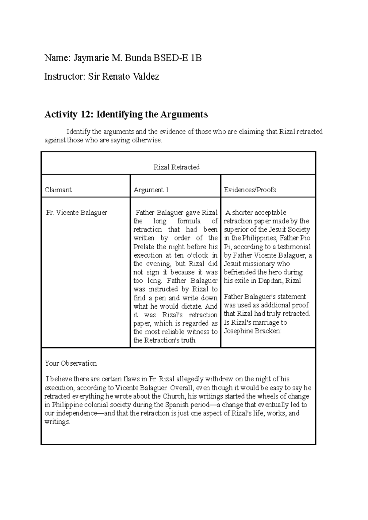 Activity 12 Identifying The Arguments Name Jaymarie M Bunda Bsed E