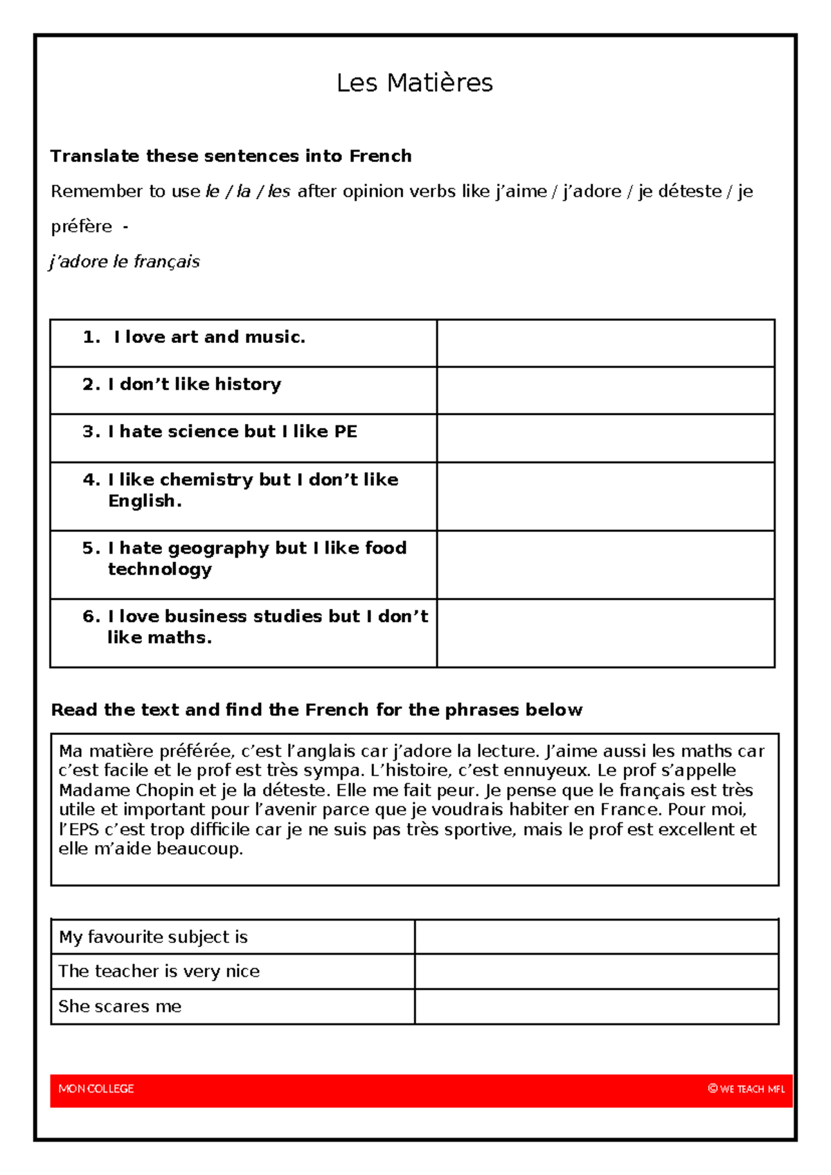 Les Matières Worksheet - Les Matières Translate these sentences into ...