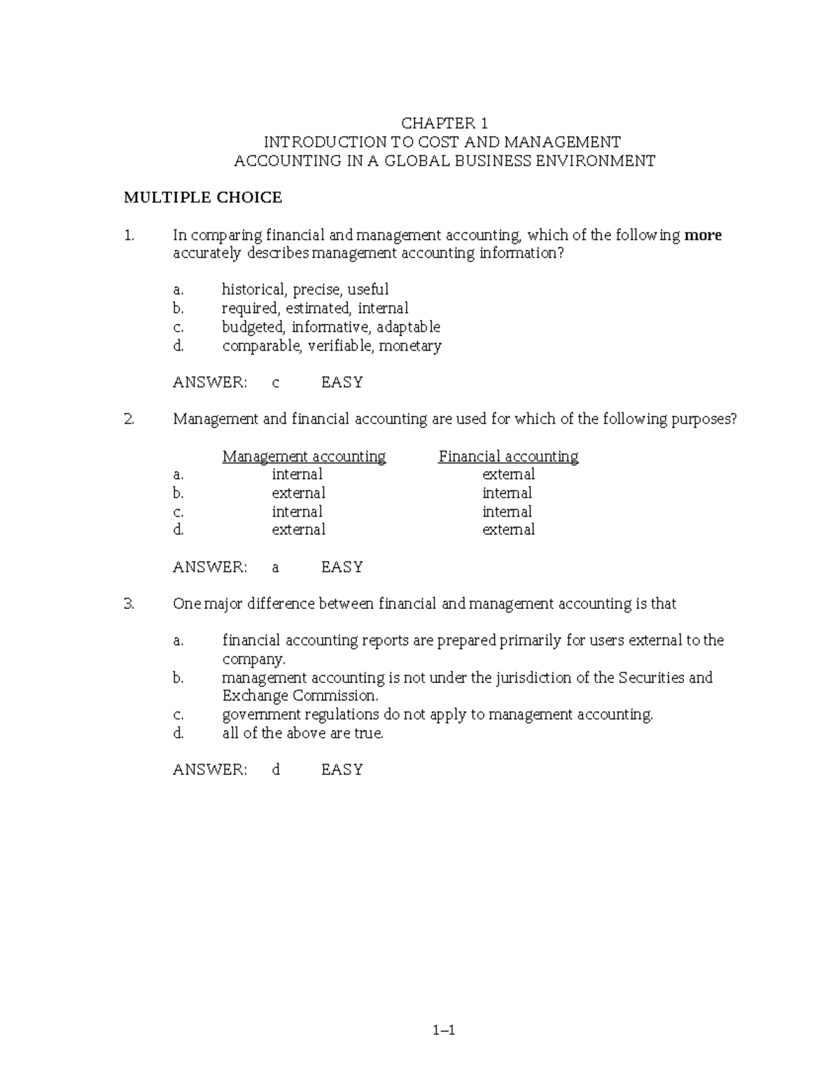 Ch01 management services questions - INTRODUCTION TO COST AND ...