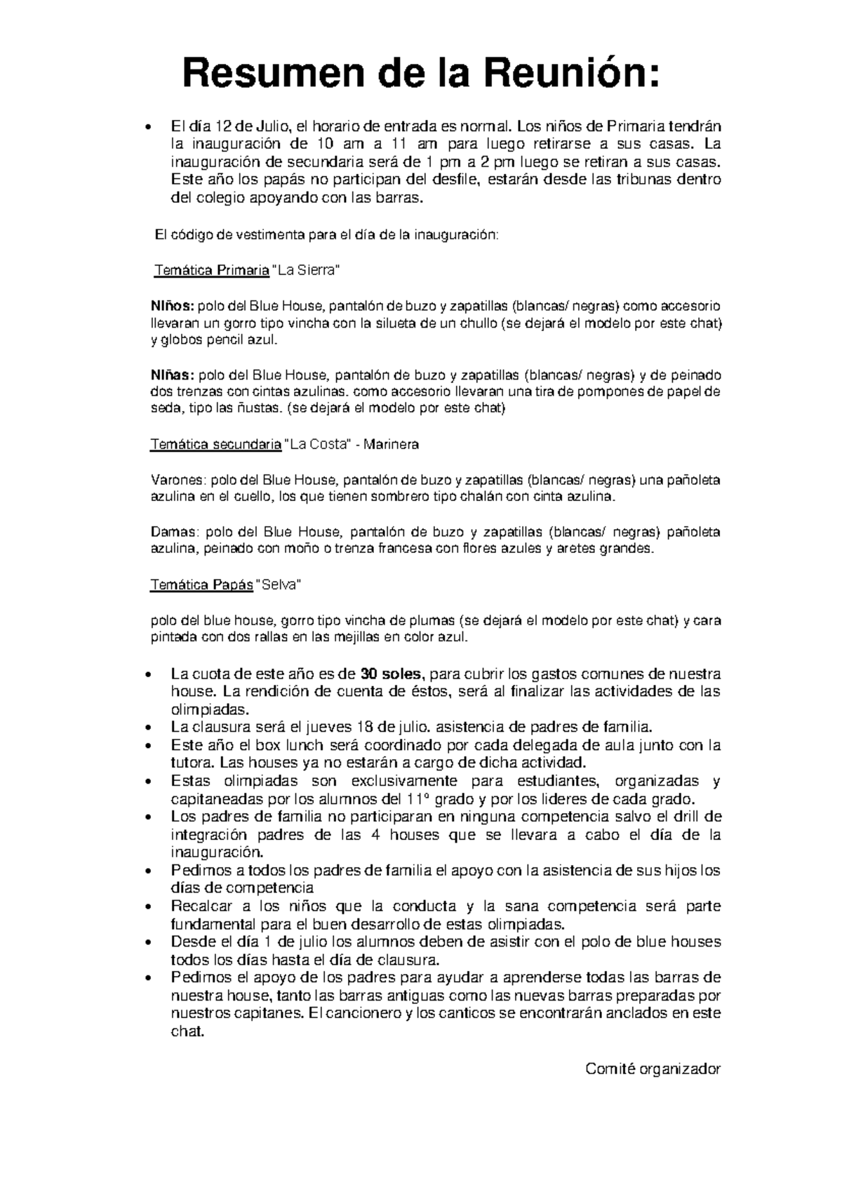 Resumen de la Reunión - Info - Resumen de la Reunión: El día 12 de Julio, el horario de entrada ...