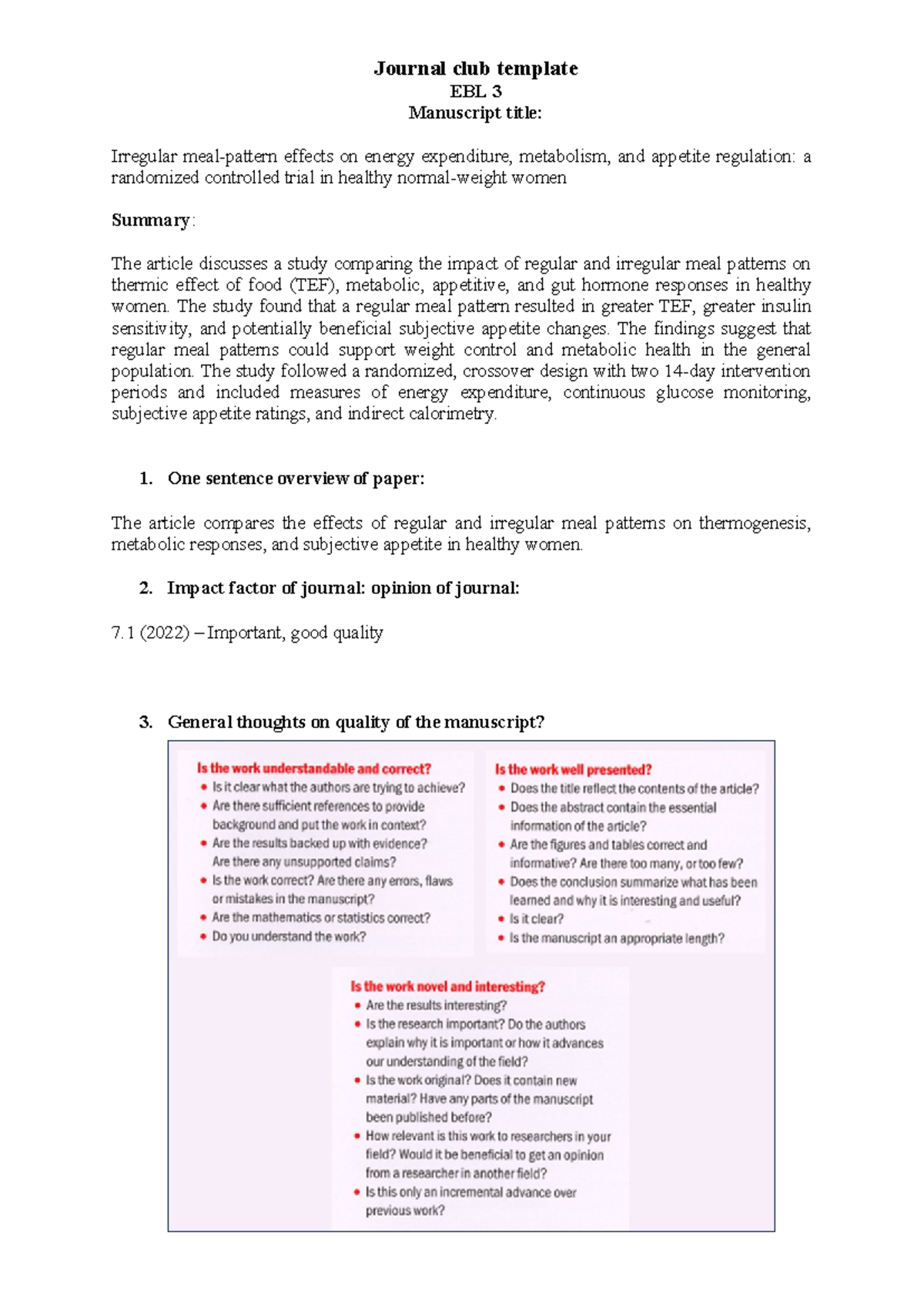 Journal club 4 - weight manegement - Journal club template EBL 3 ...