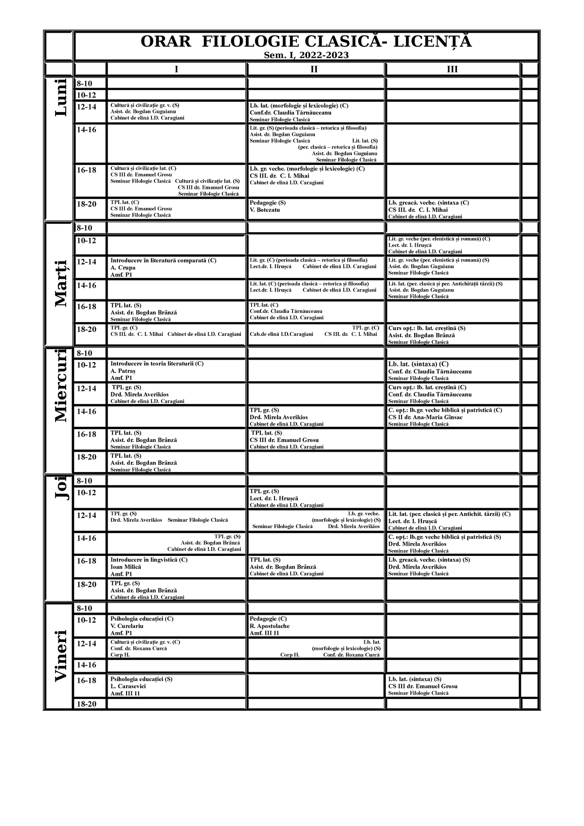 001. Orar Licenta sem. I 2022-2023 - ORAR FILOLOGIE CLASICĂ- LICENȚĂ ...