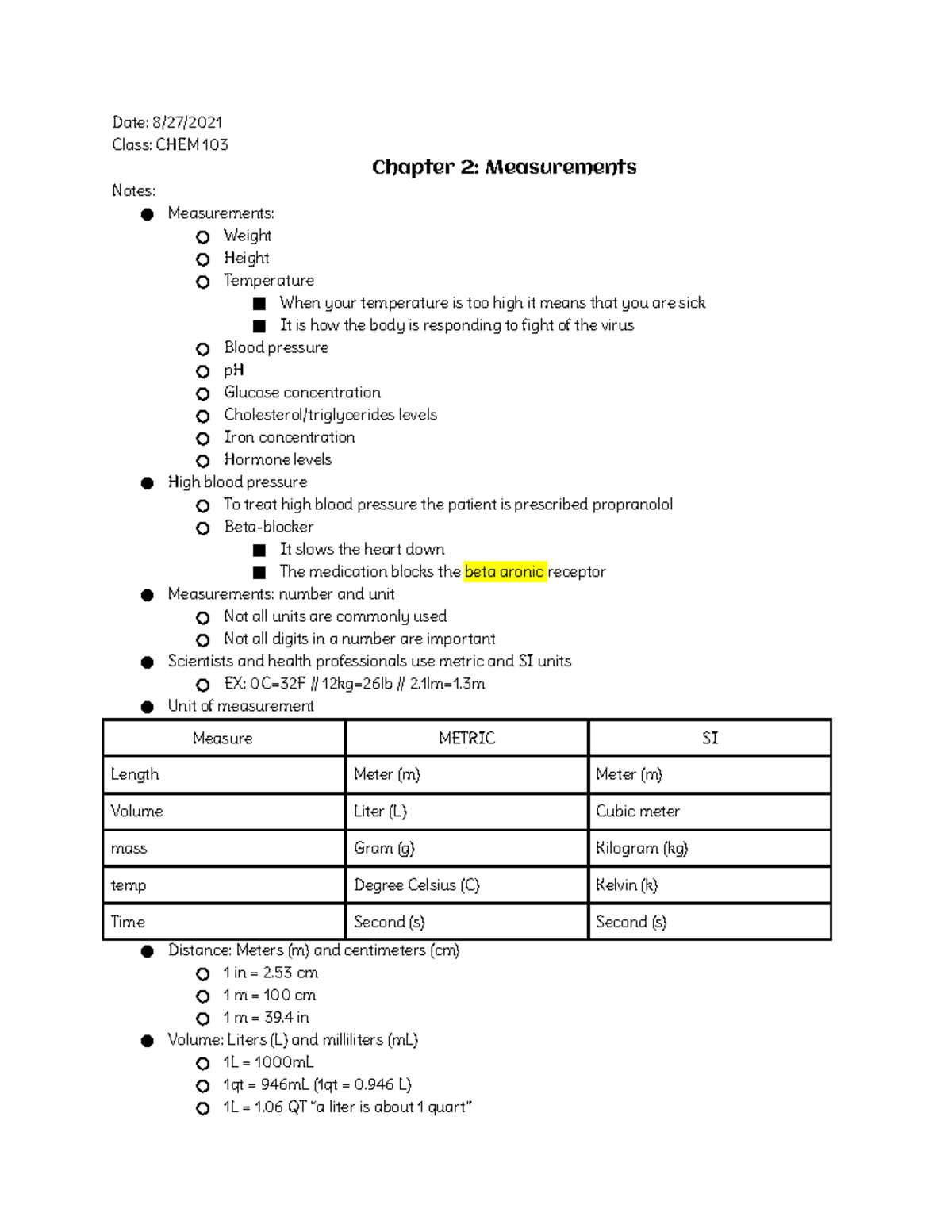 Chapter 2: Measurements - Date: 8/27/ Class: CHEM 103 Chapter 2 ...