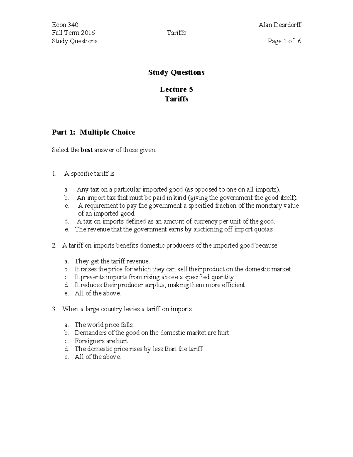 Study questions lecture 5 - Econ 340 Fall Term 2016 Study Questions ...