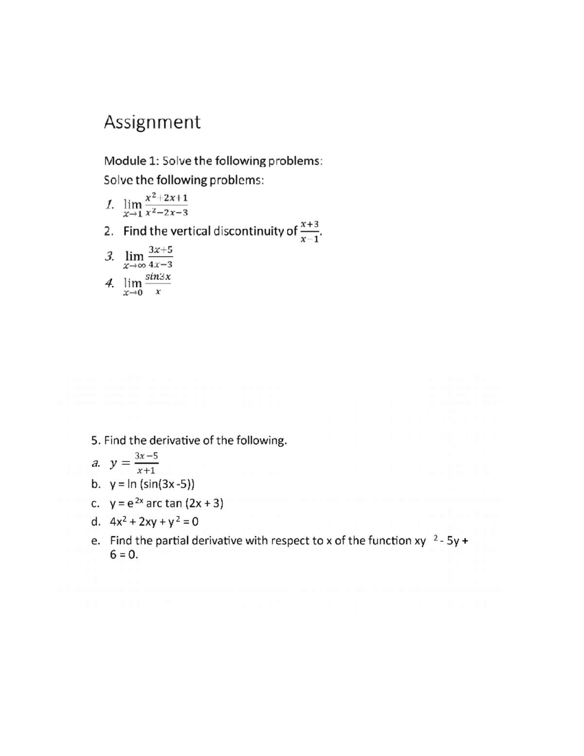 Assignment 1( Differential Calculus) - Mathematical Analysis 1(Calculus ...