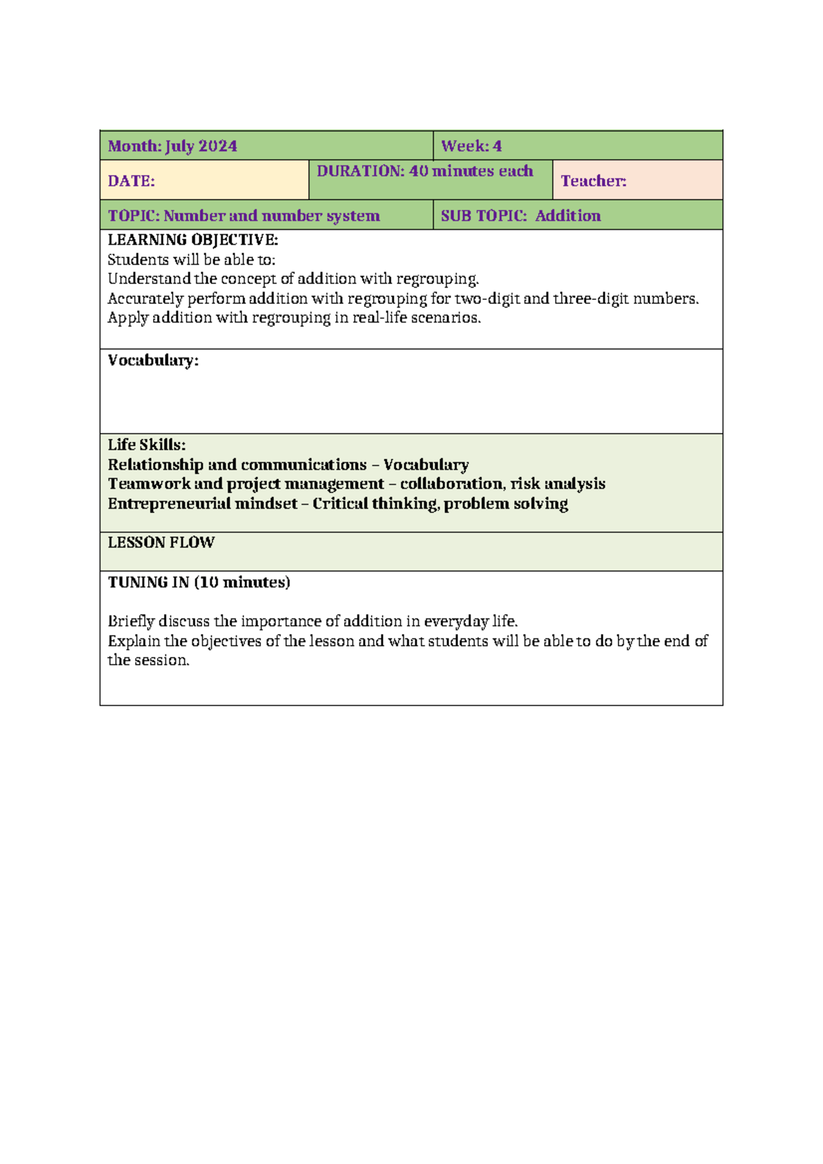 Addition lesson plan - I Need teaching plans - Month: July 2024 Week: 4 ...