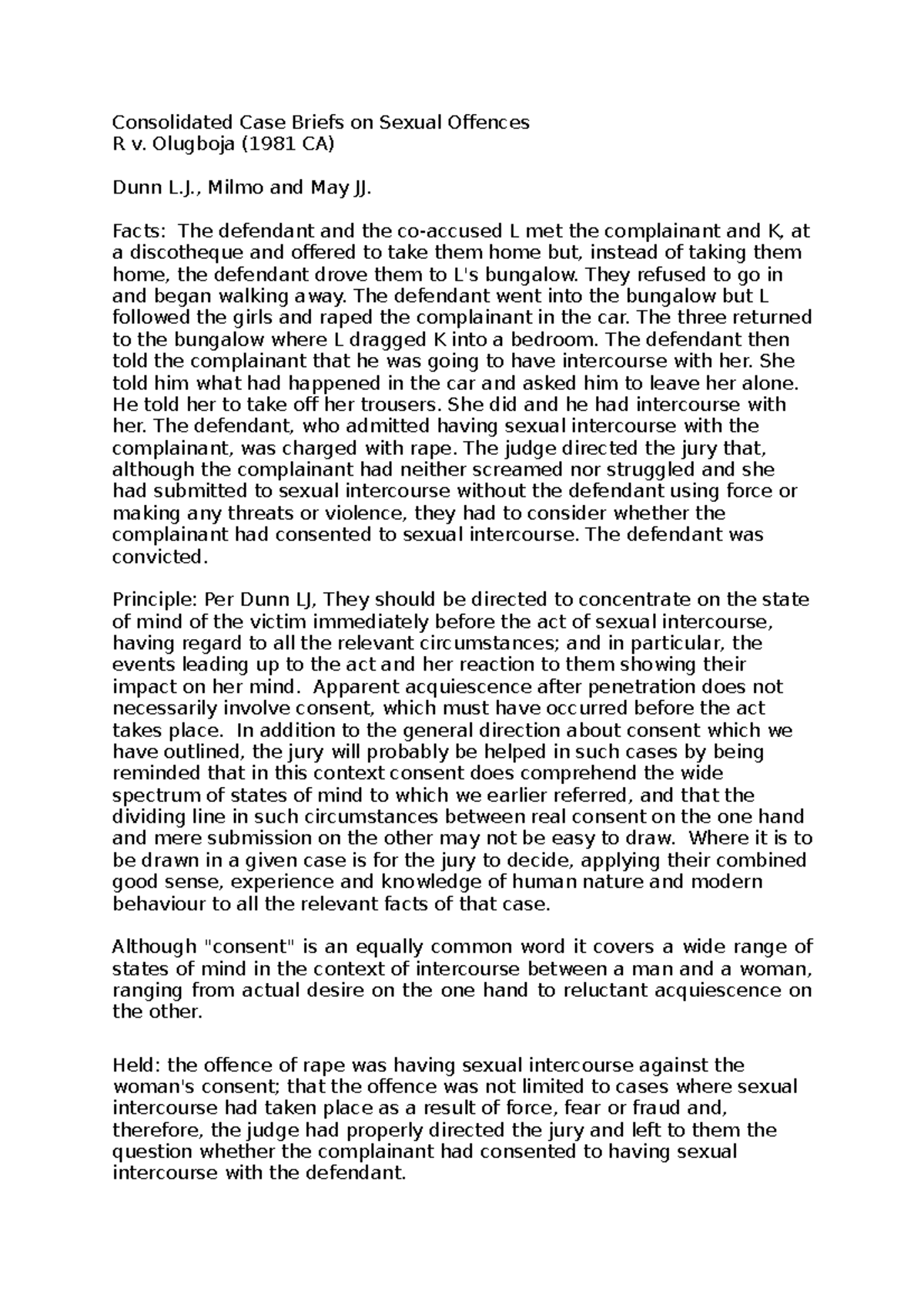 Consolidated Case Briefs on Sexual Offences - Olugboja (1981 CA) Dunn L ...