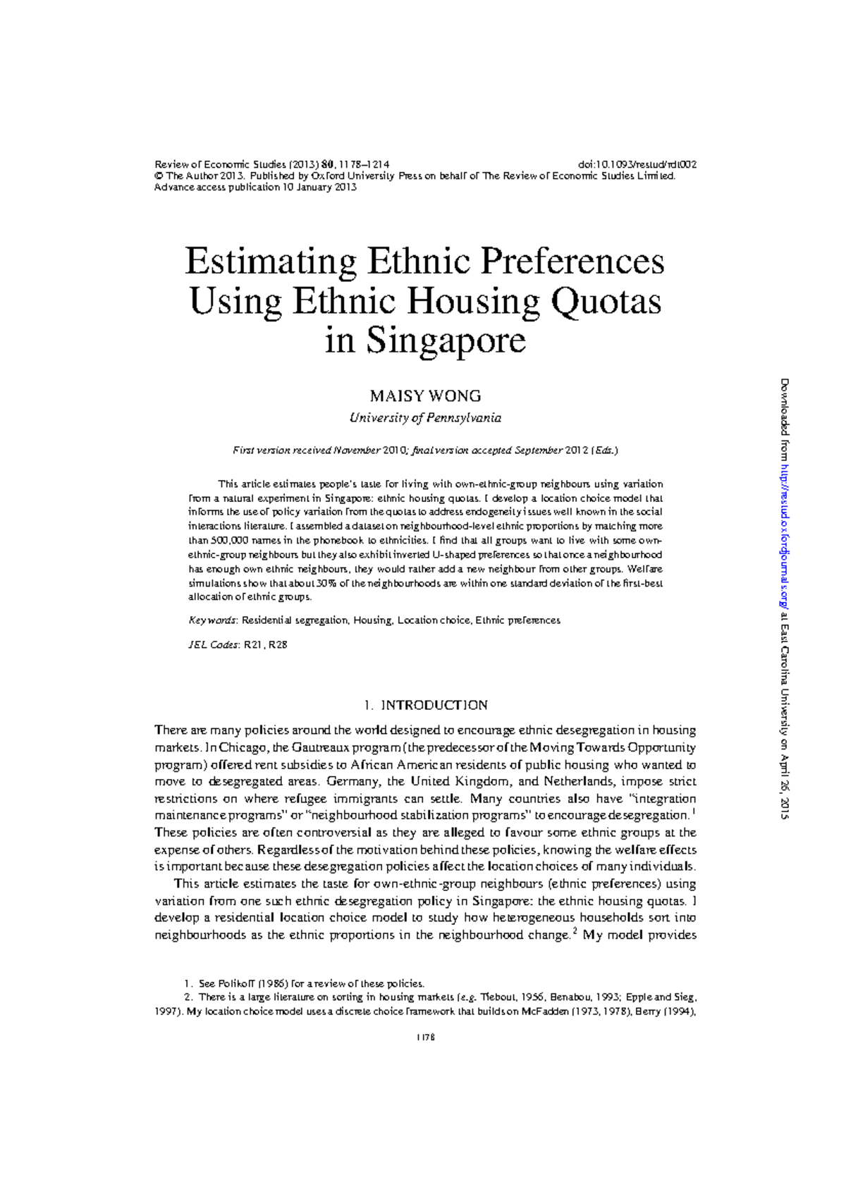 Estimating Ethnic Preferences Using Ethnic Housing Quotas in Singapore ...