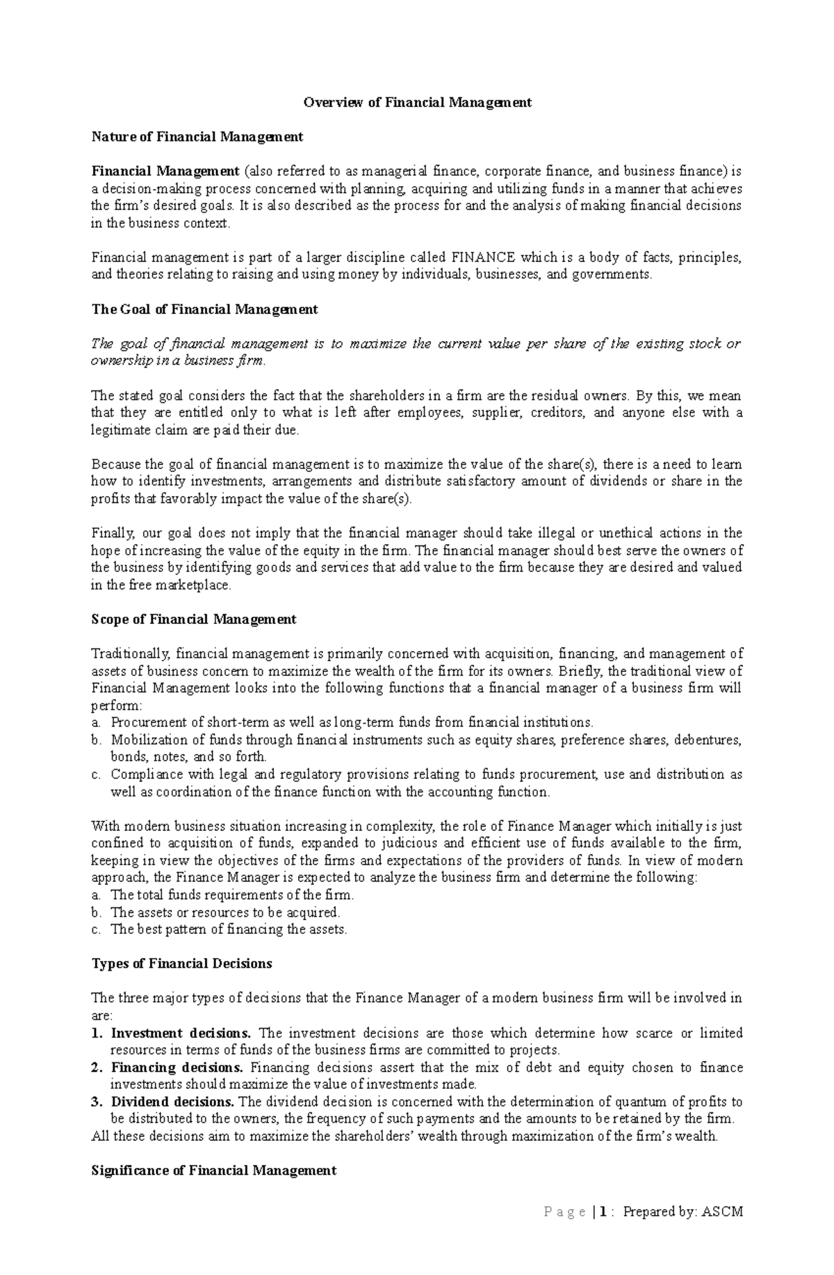 Overview of Financial Management - It is also described as the process ...