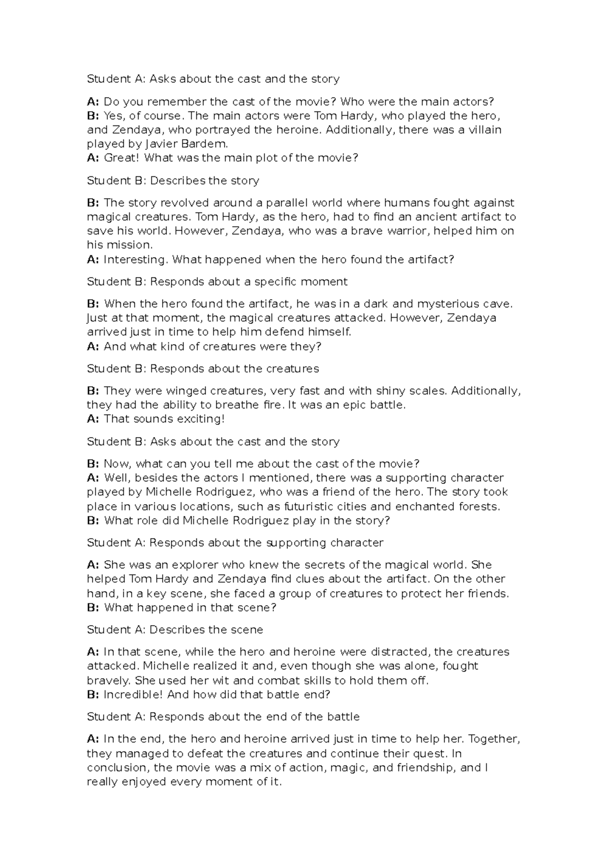 Busquejo TA1 Ingles IV - PA INGLÉS - Student A: Asks about the cast and ...