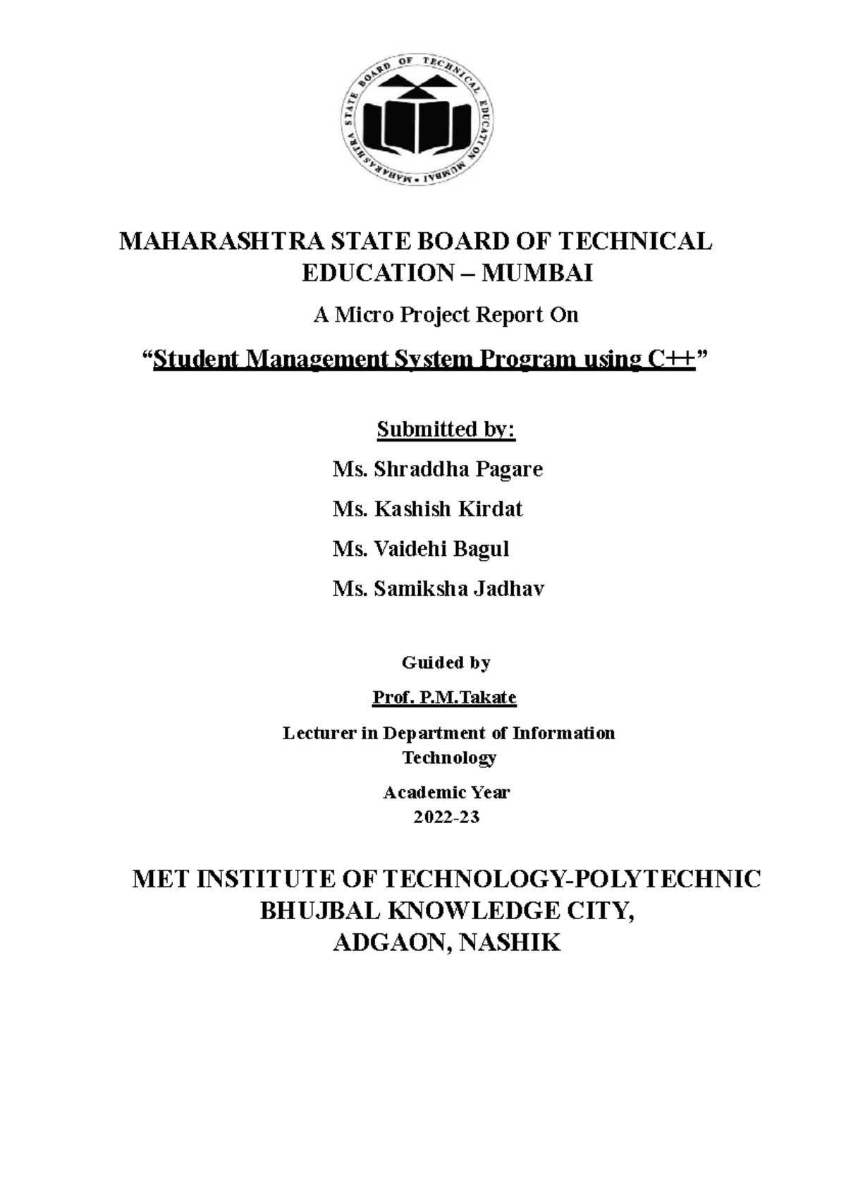 Oop Final Microproject Maharashtra State Board Of Technical Education Mumbai A Micro Project