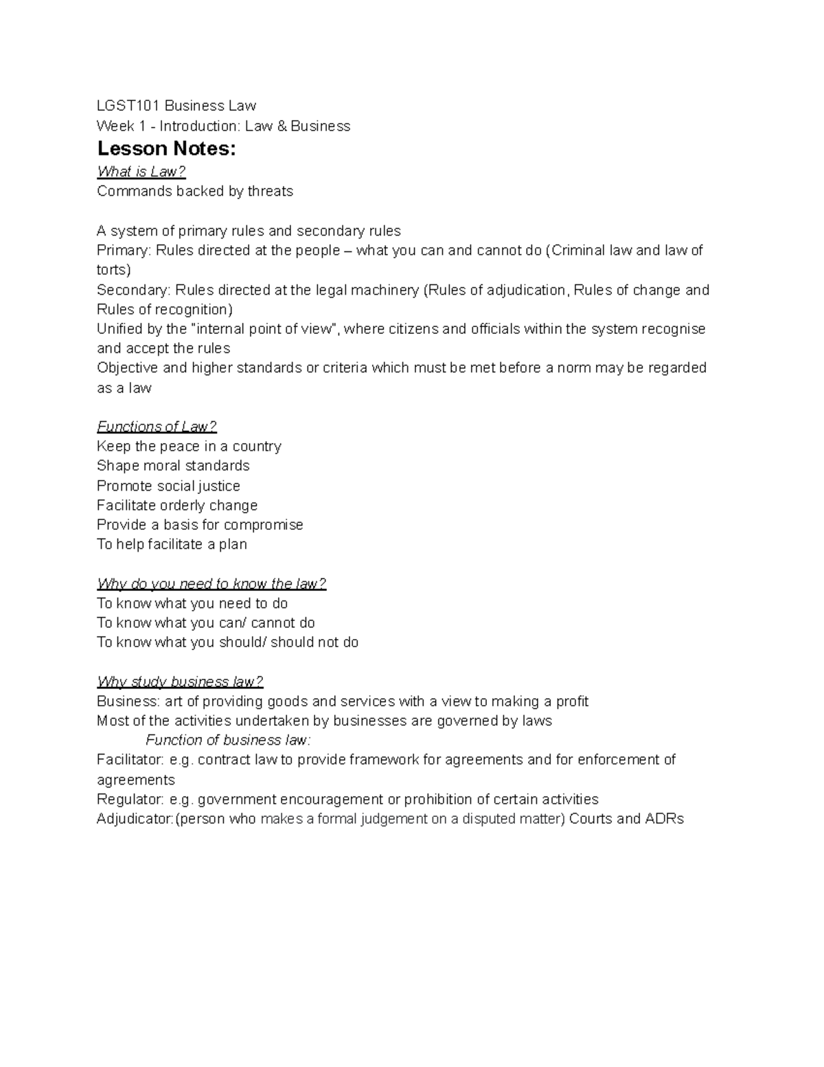 LGST101 Biz Law L1 - Google Docs - LGST101 Business Law Week 1 ...