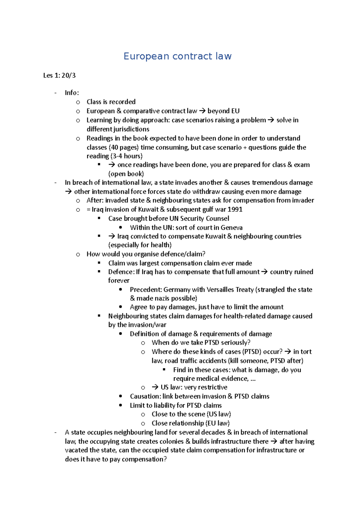 European contract law - notes first class - European contract law Les 1 ...