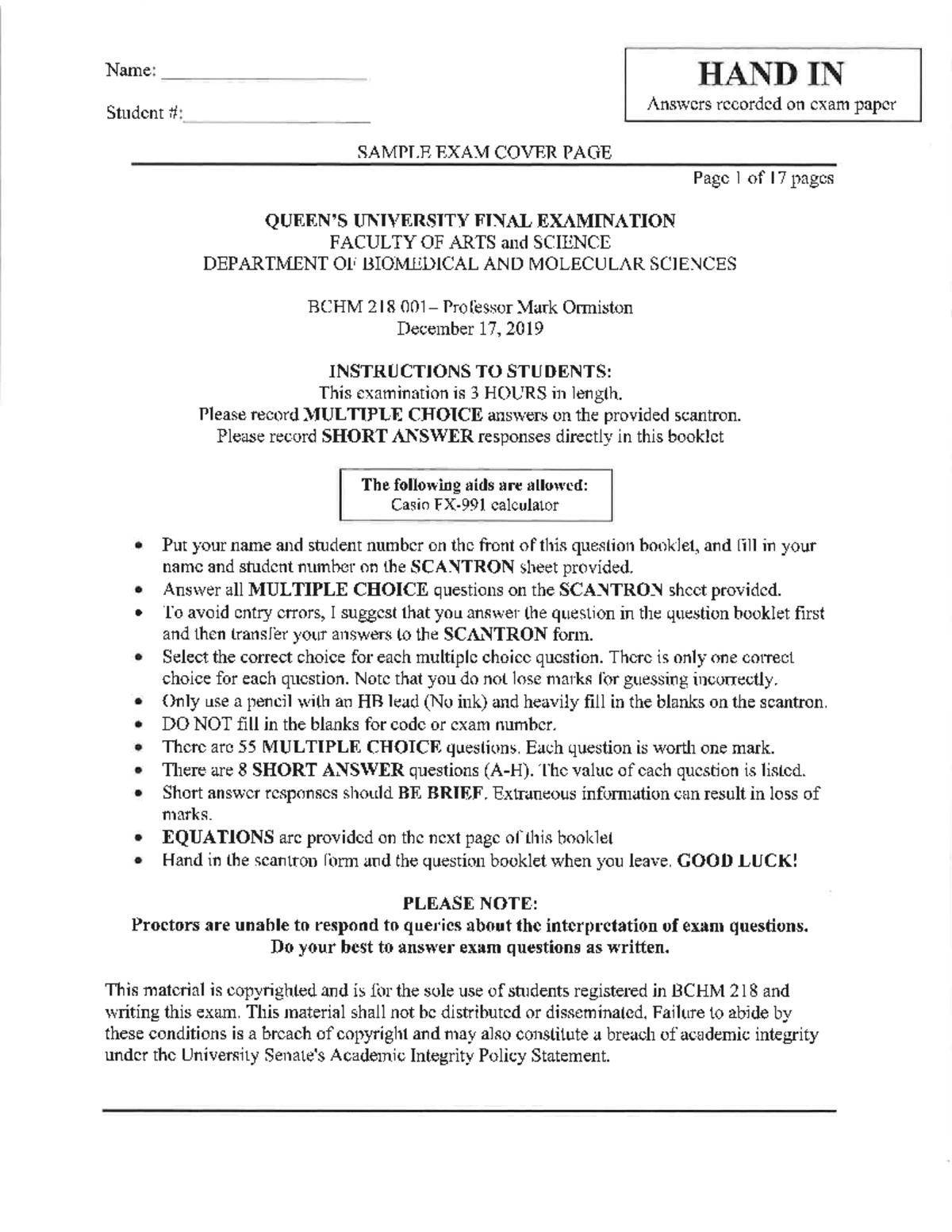 Bchm218-19-20 - Practice exam - Name: Student #: HAND IN Answers ...