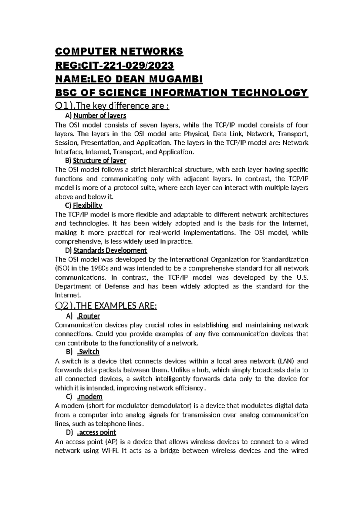 Computer Networks - Notes - COMPUTER NETWORKS REG:CIT-221-029/ NAME:LEO ...