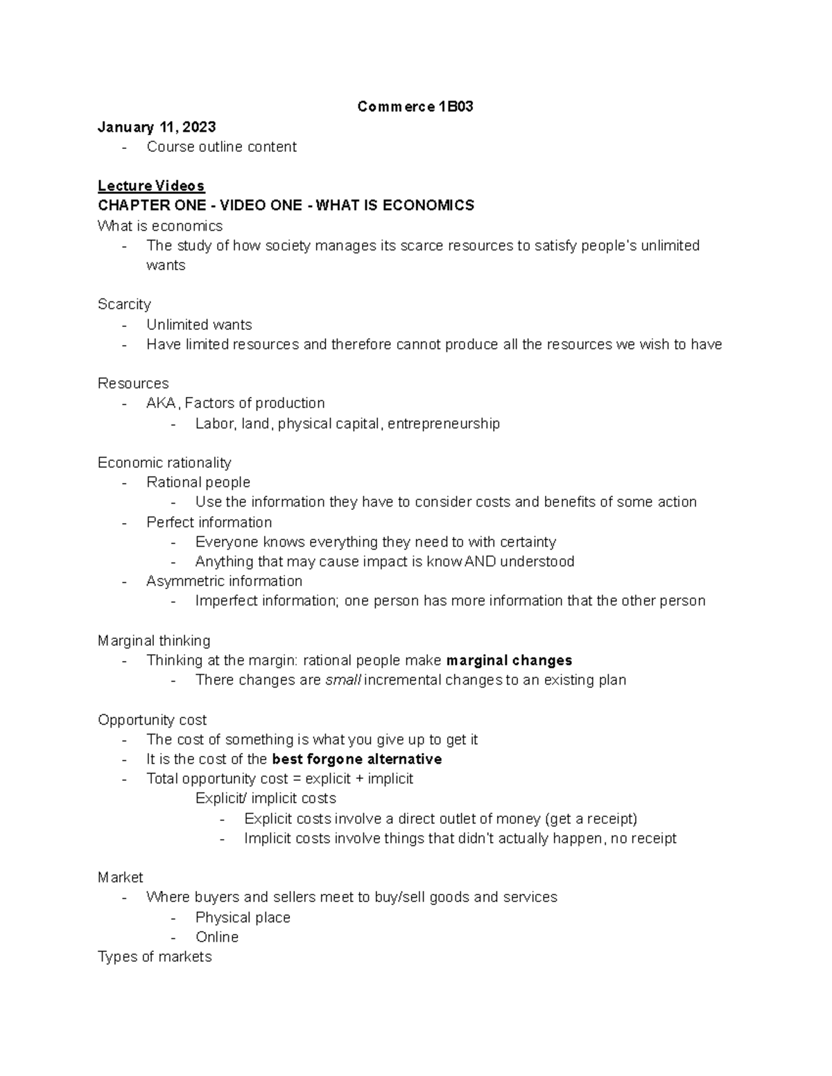 Chapter 1 and 2 - economics intro - Commerce 1B January 11, 2023 Course ...