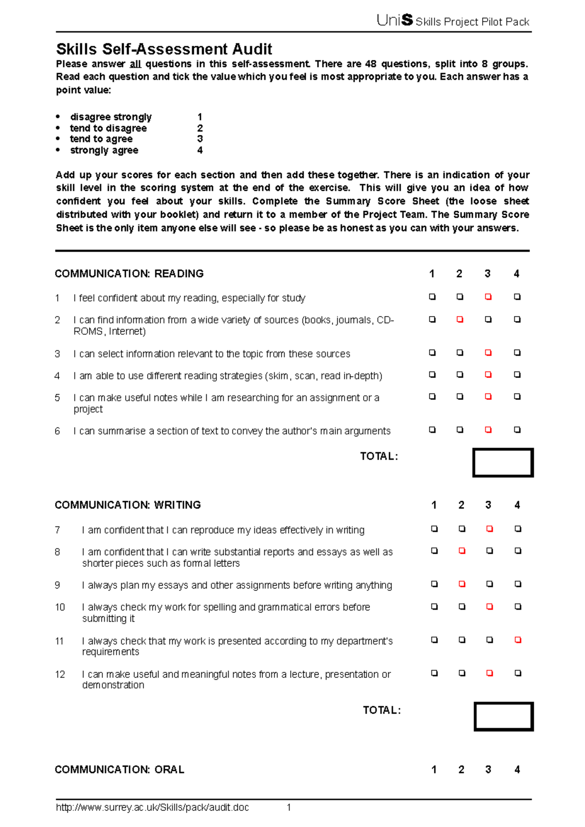 Skills Self Assessment Audit - Skills Self-Assessment Audit Please ...