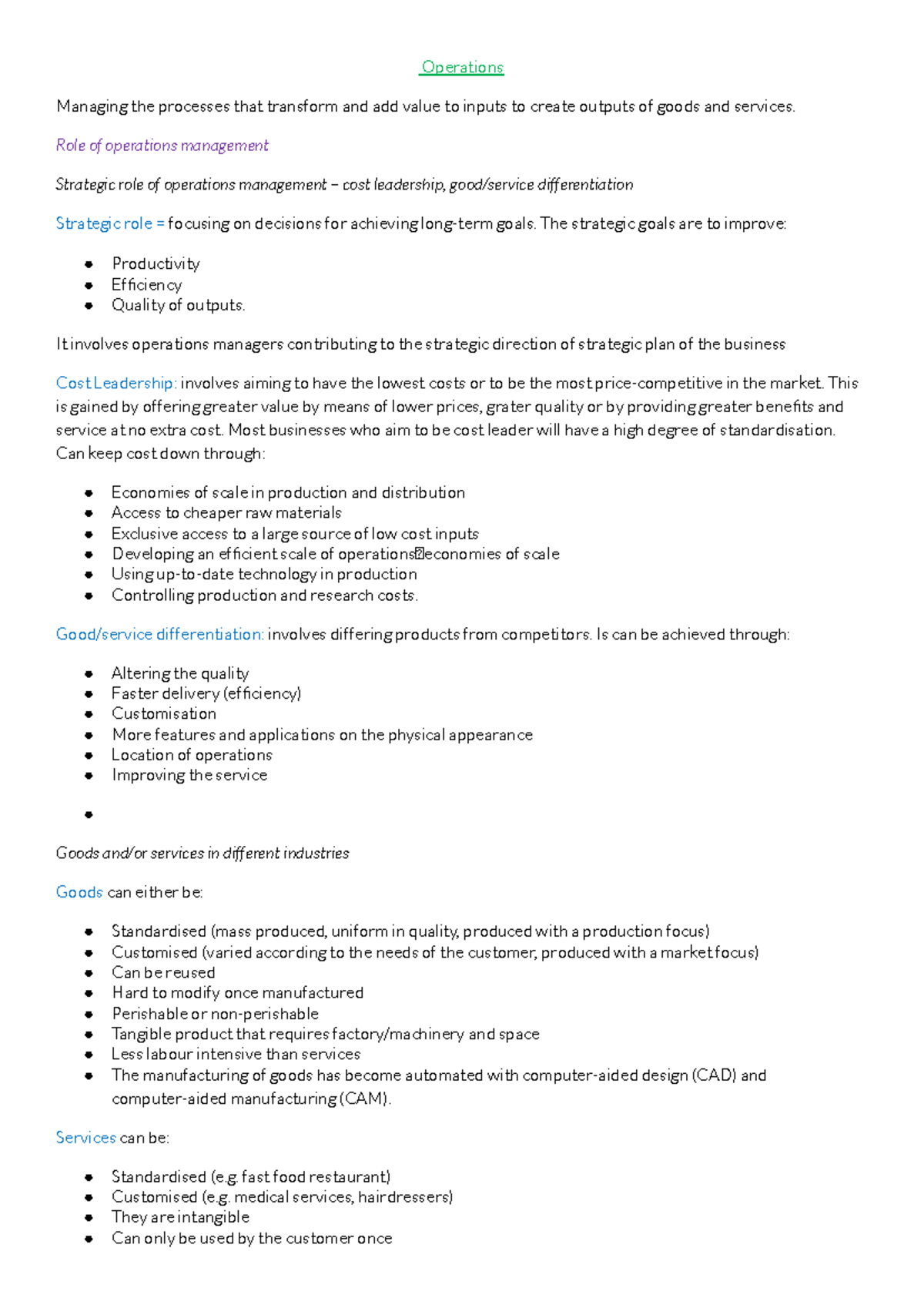 Business Study Notes - Operations Managing the processes that transform ...