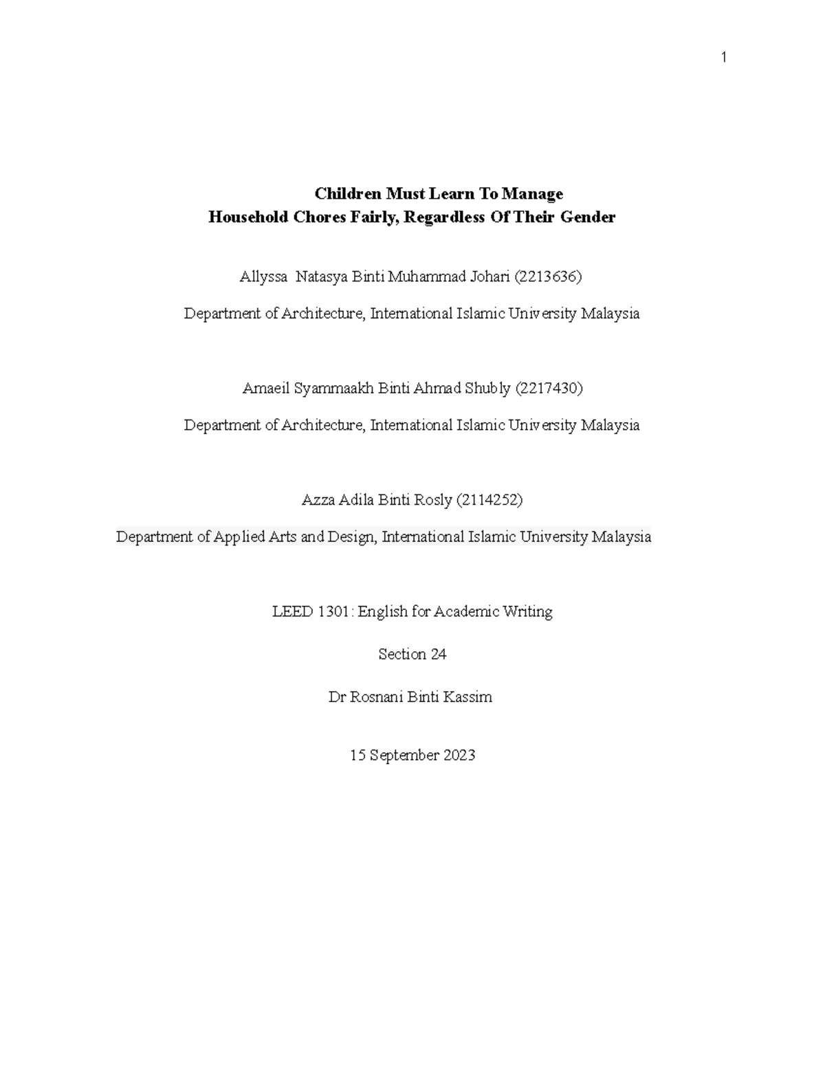LEED 1301 SECT 24 Final Essay GP3 - Children Must Learn To Manage ...