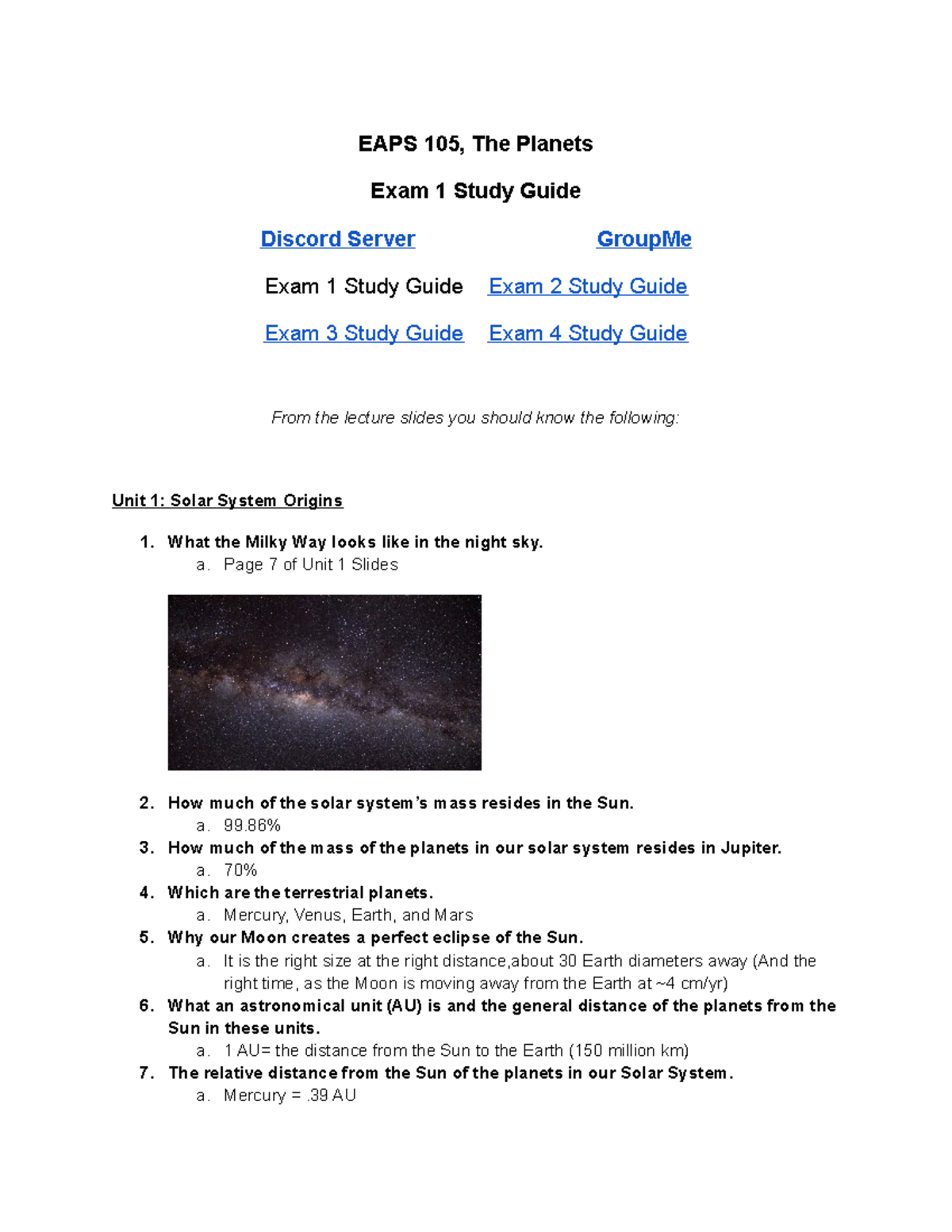 Exam 1 Study Guide - EAPS 105, The Planets Exam 1 Study Guide Discord ...
