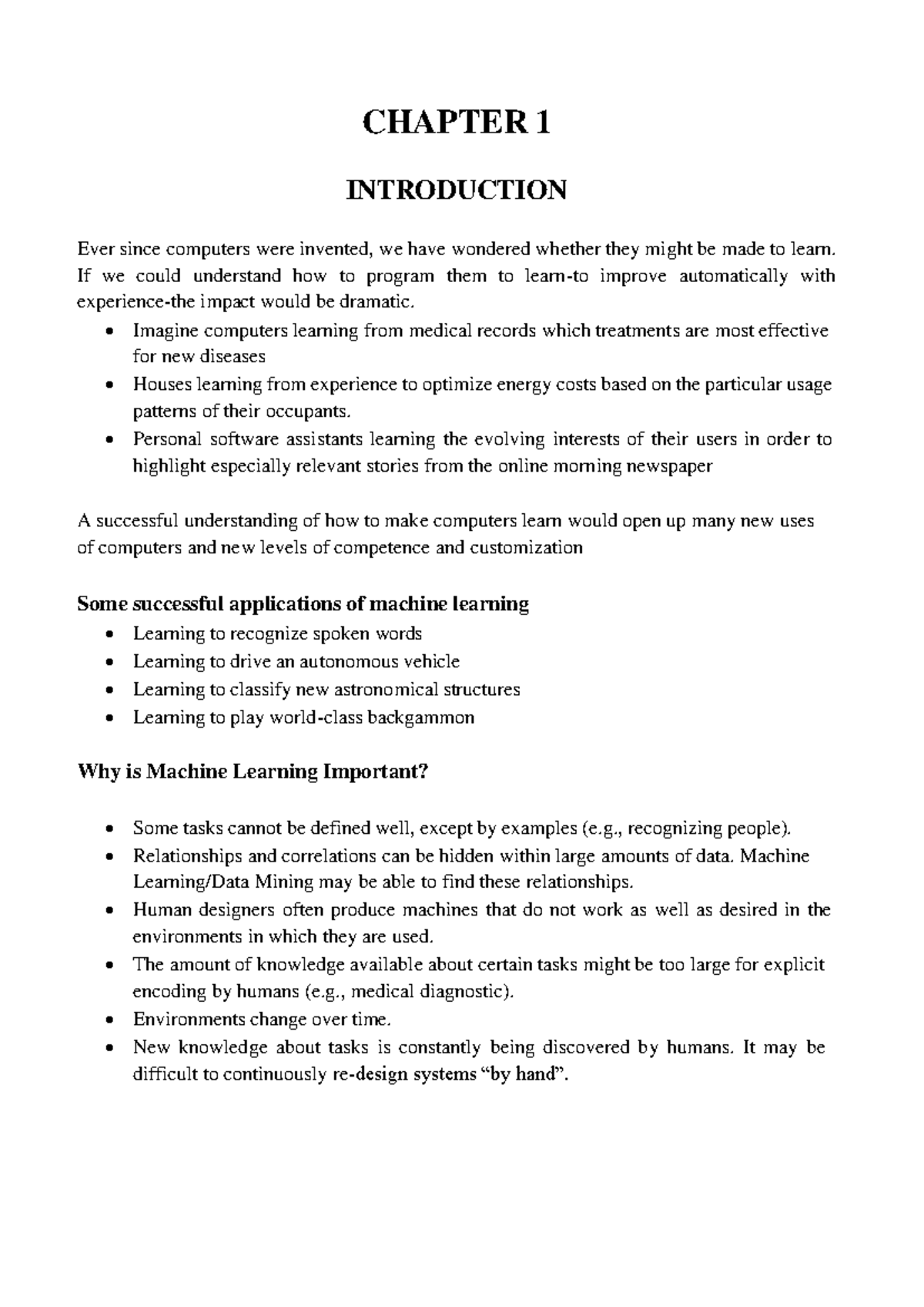 Machine Learning Chapter 1 Notes - CHAPTER 1 INTRODUCTION Ever since ...
