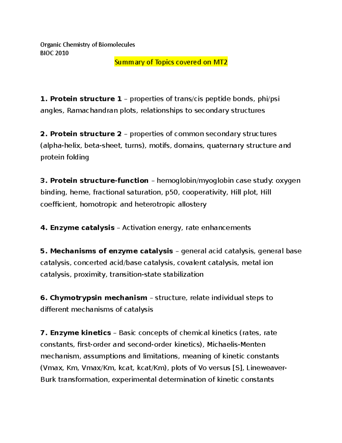 Summary of Topics covered on MT2 - Organic Chemistry of Biomolecules ...