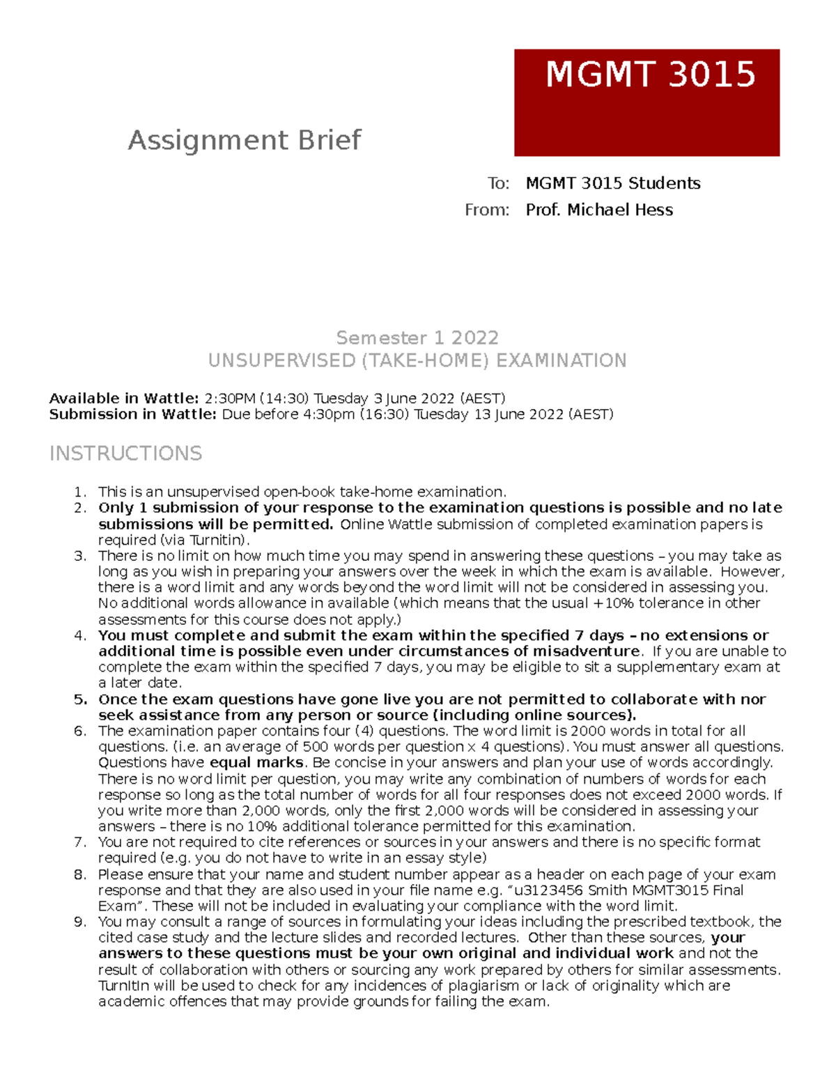 Assignment Brief- Final Exam - Assignment Brief MGMT 3015 To: MGMT 3015 ...