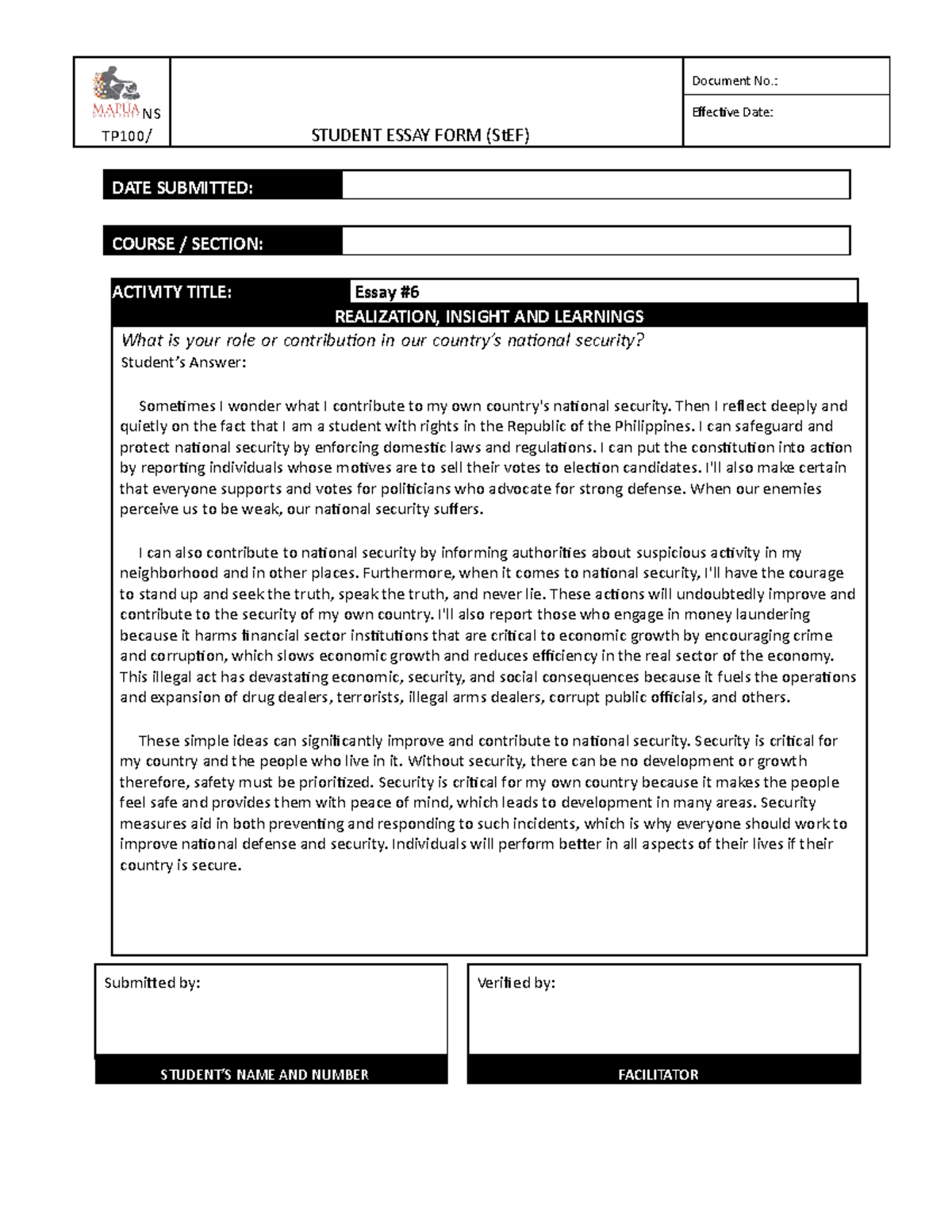 NSTP E3 - AAAA - NS TP100/ STUDENT ESSAY FORM (StEF) Document No ...