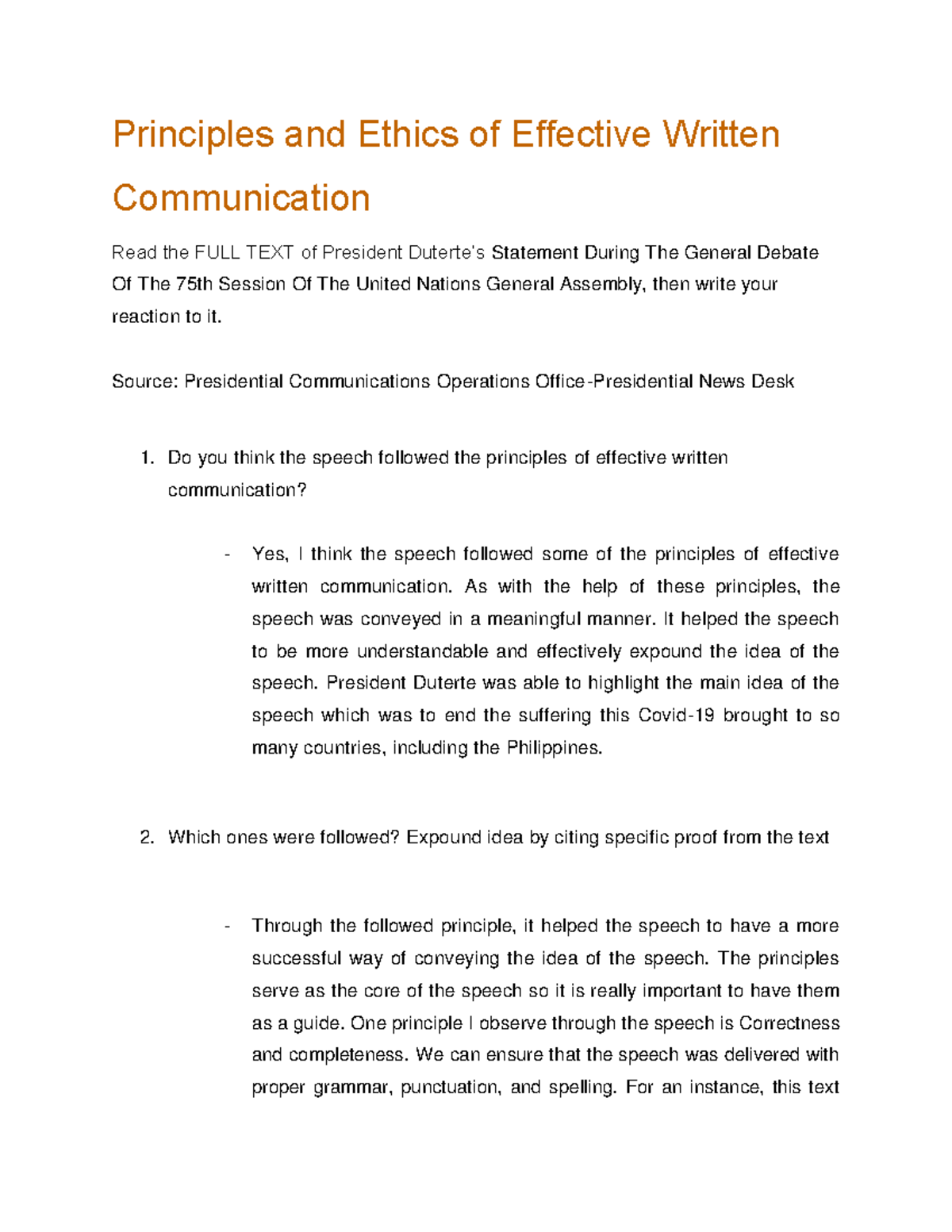 Principles and Ethics of Oral Communication ACT - Principles and Ethics ...