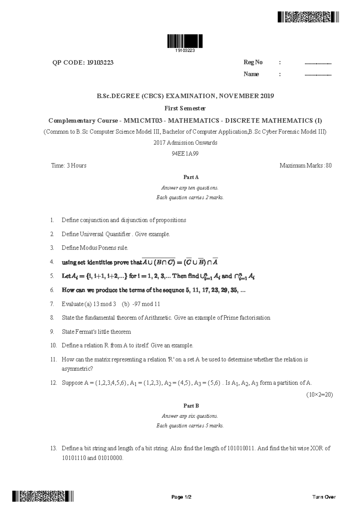 Mathematics Discrete Mathematics I 2019 Min Qp Code 19103223 Reg No 1605