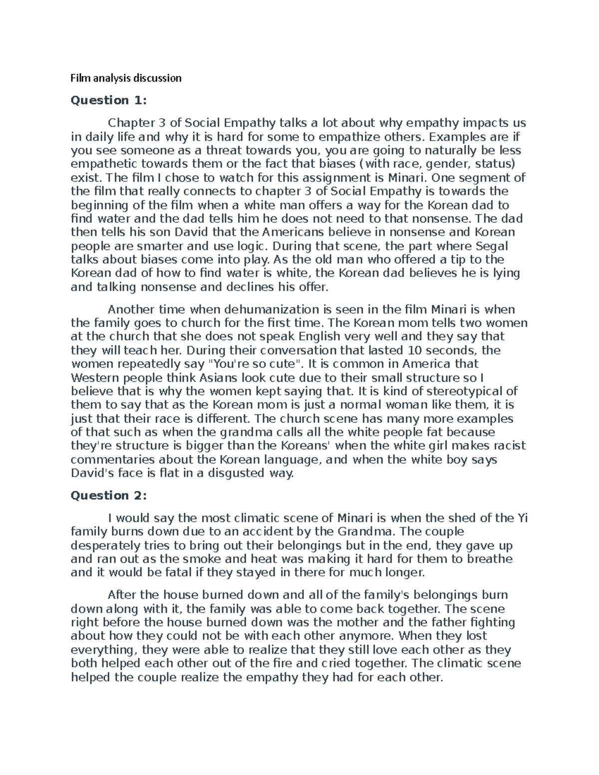 Film analysis discussion - Film analysis discussion Question 1: Chapter ...