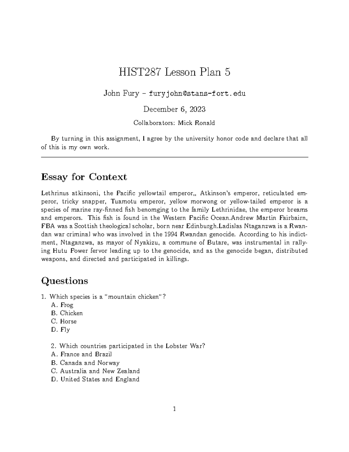 HIST287 Lesson Plan 5 - examines how class experiences and debates over ...