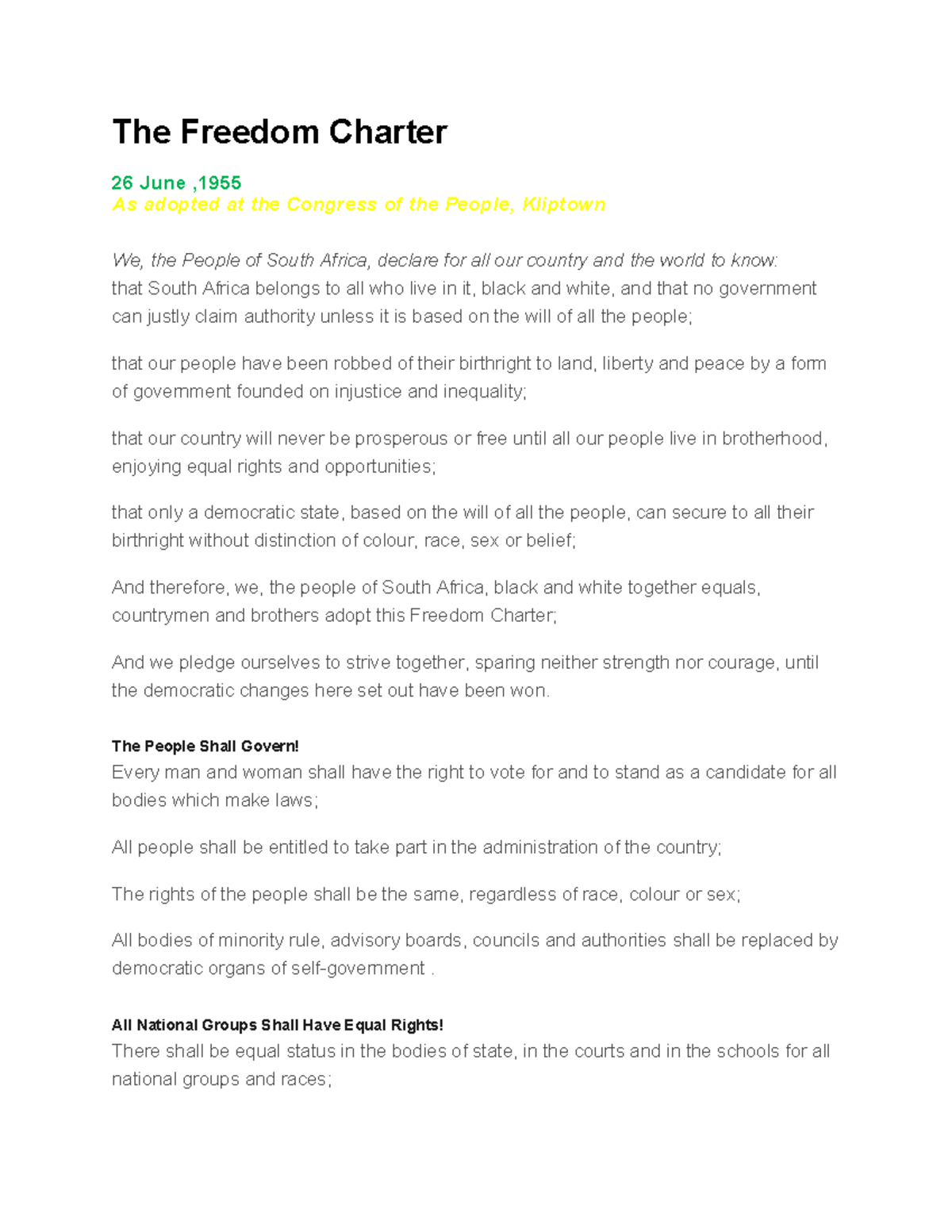 The Freedom Charter - The People Shall Govern! Every man and woman ...