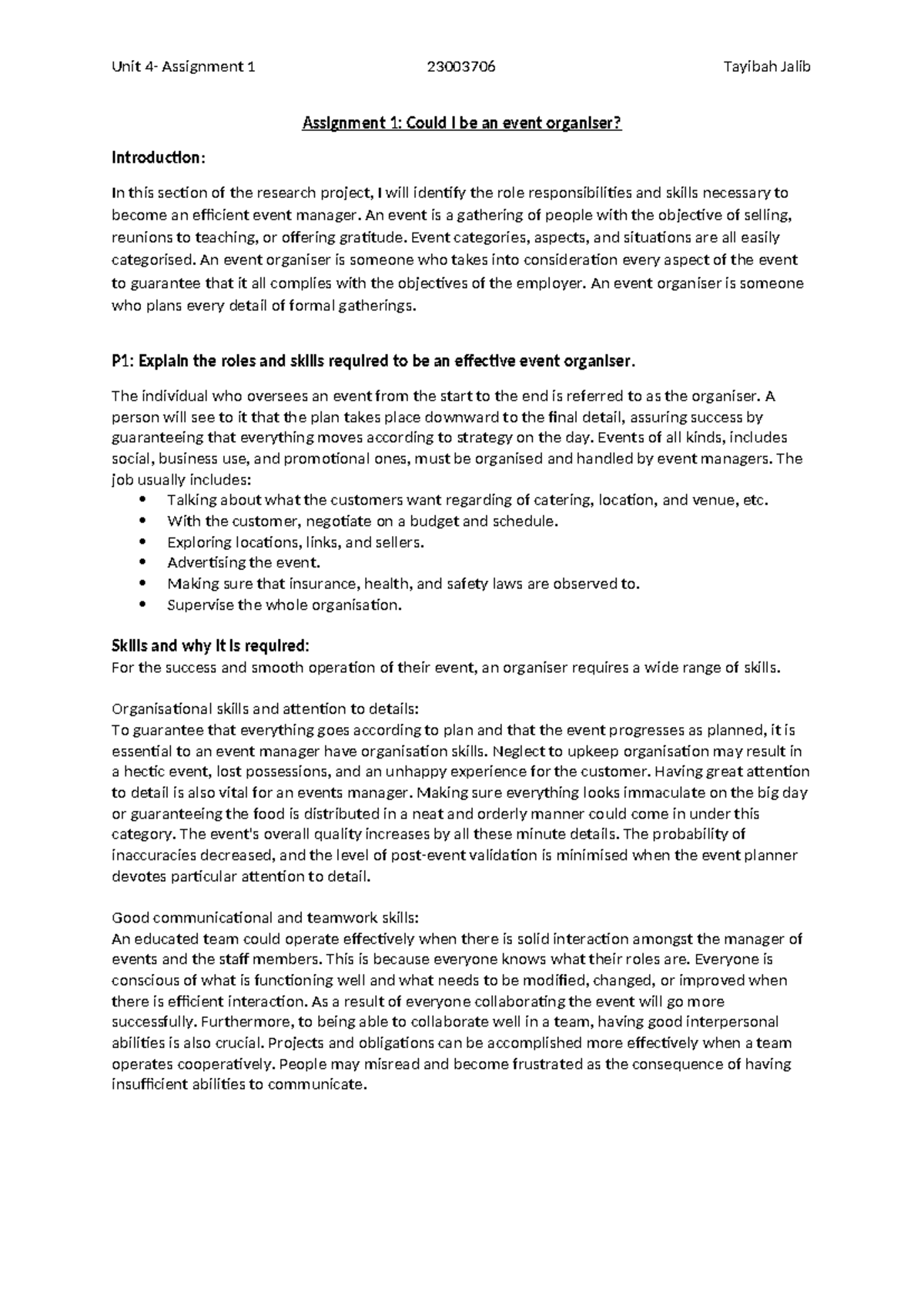 Unit 4 Assignment 1 Managing An Event Assignment 1 Could I Be An Event Organiser