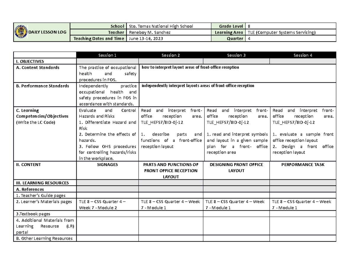 DLL-TLE-8-FOS-Q4-W7 - DAILY LESSON LOG School Sto. Tomas National High ...