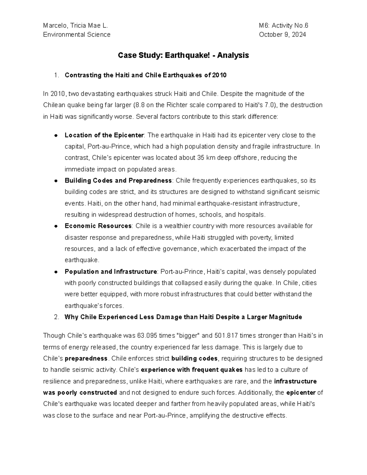 Case Study: Earthquake!- Analysis - Marcelo, Tricia Mae L. M6: Activity ...