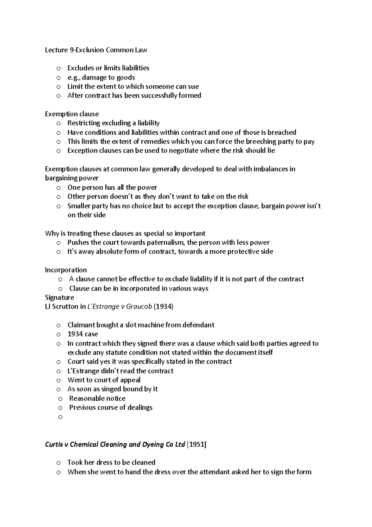 Exclusion Common Law - Lecture notes 9 - Lecture 9-Exclusion Common Law ...