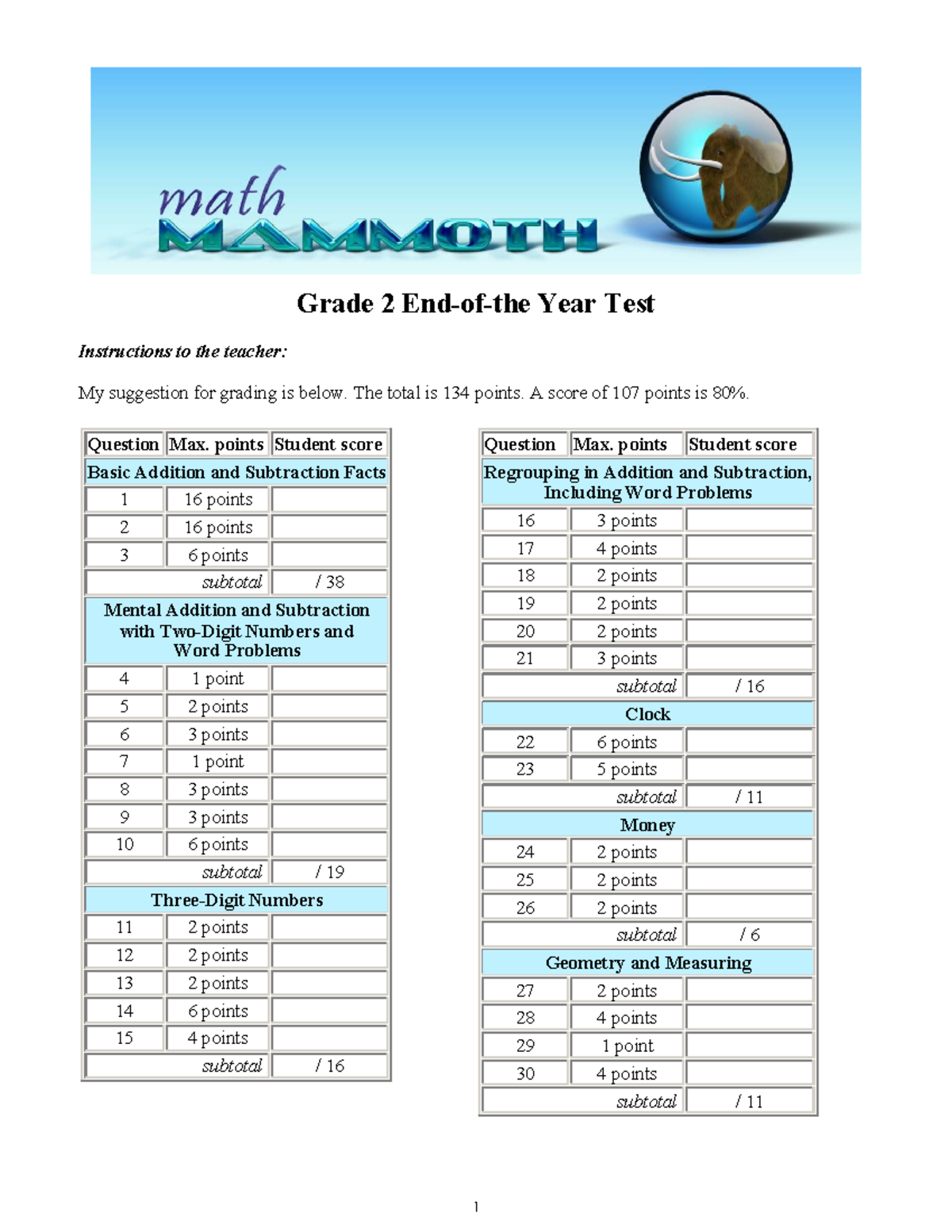 End of Year Test Grade 2 Answers - Grade 2 End-of-the Year Test ...