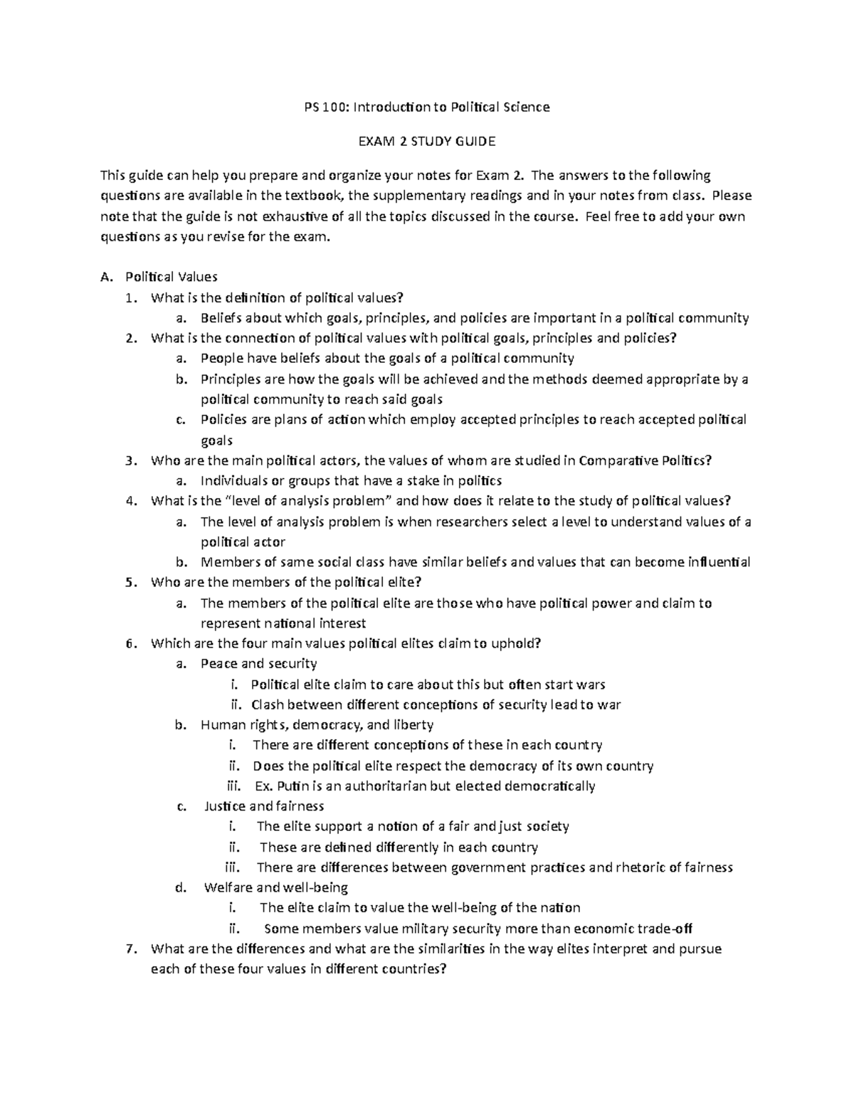 PS 100 Exam 2 Study Guide FA24 - PS 100: Introduc/on to Poli/cal ...