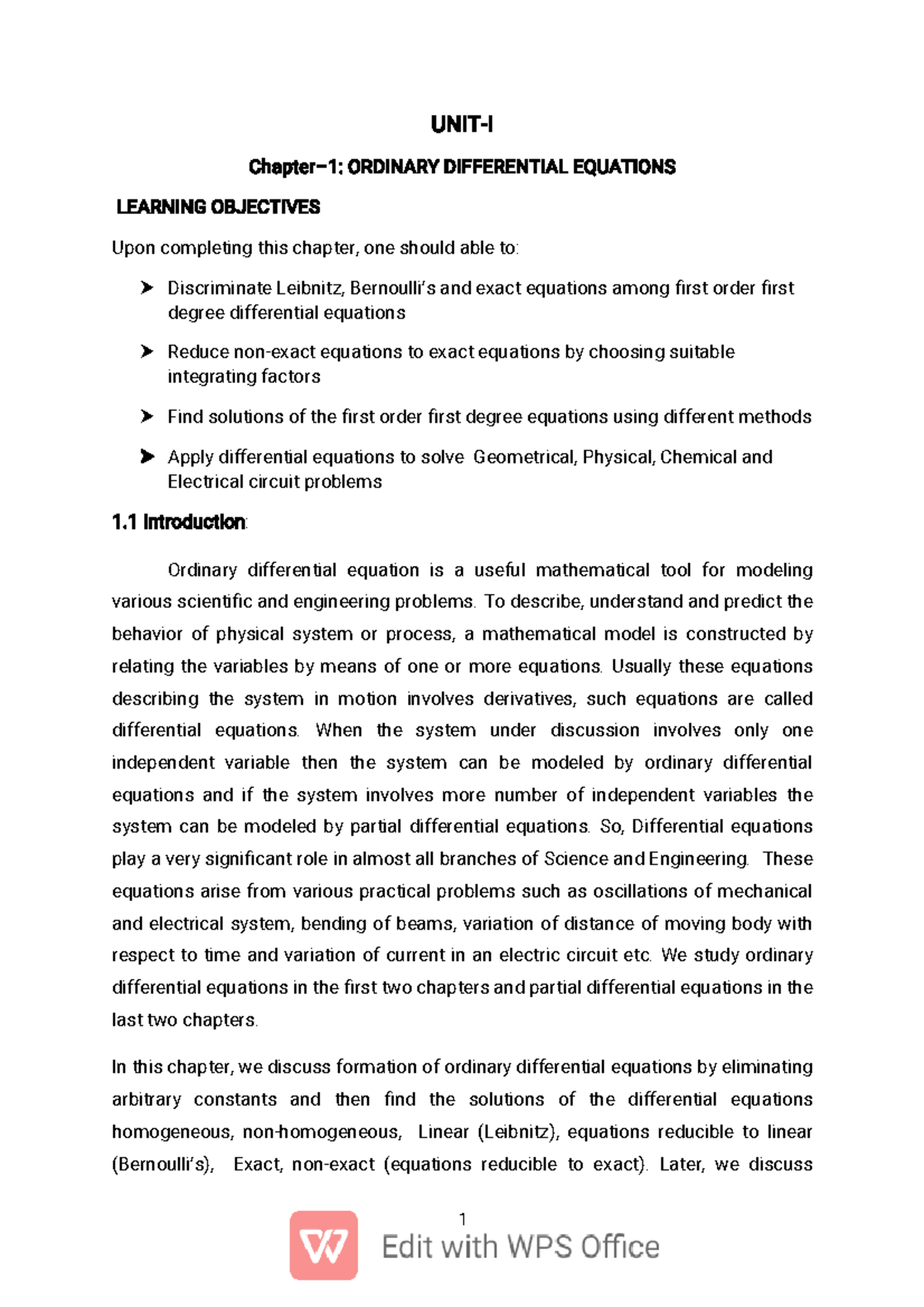 Chapter -1 -12-07-2017 - UNIT-I Chapter–1: ORDINARY DIFFERENTIAL EQUATIONS LEARNING OBJECTIVES ...