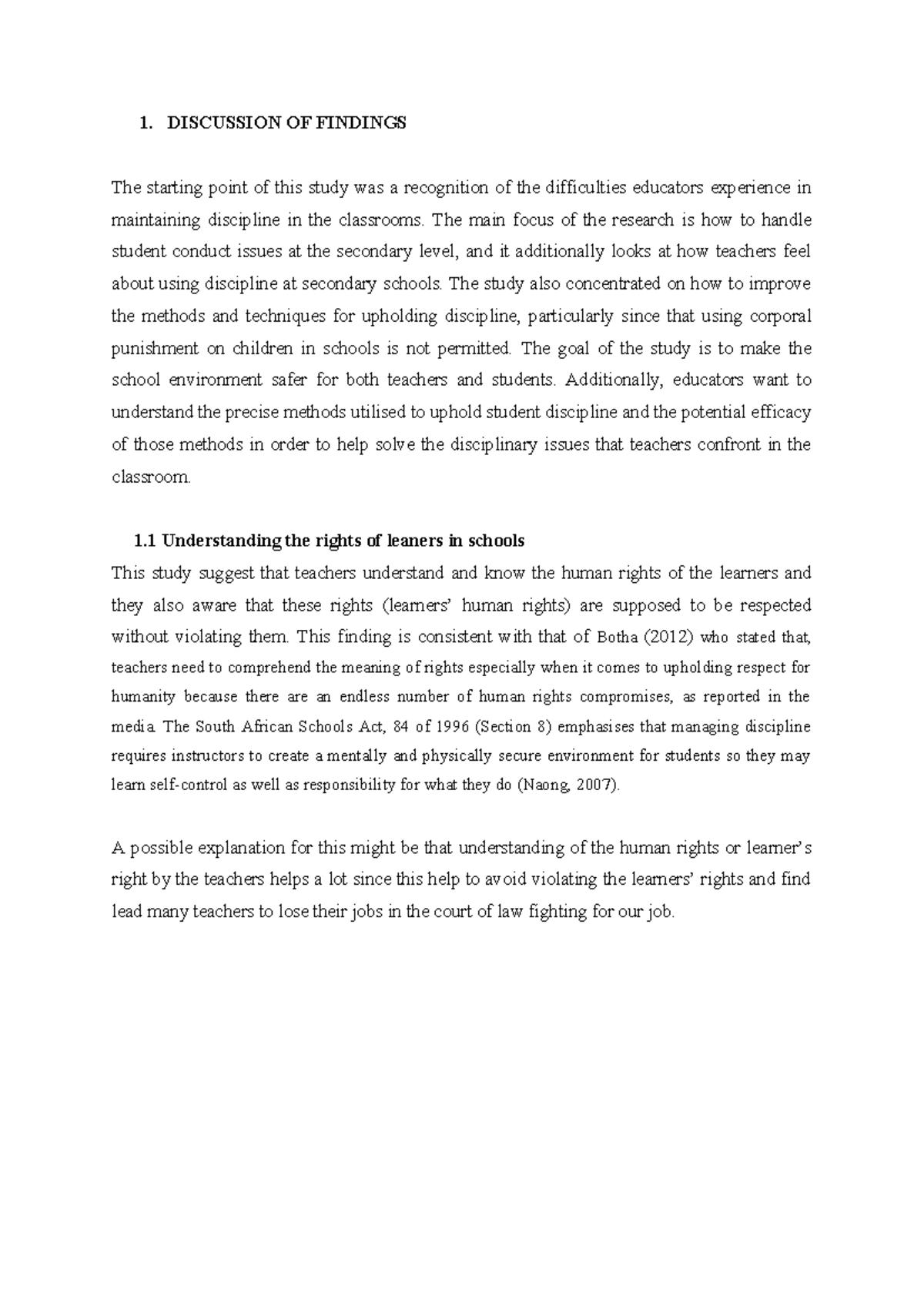 Discussion OF Findings - 1. DISCUSSION OF FINDINGS The starting point ...