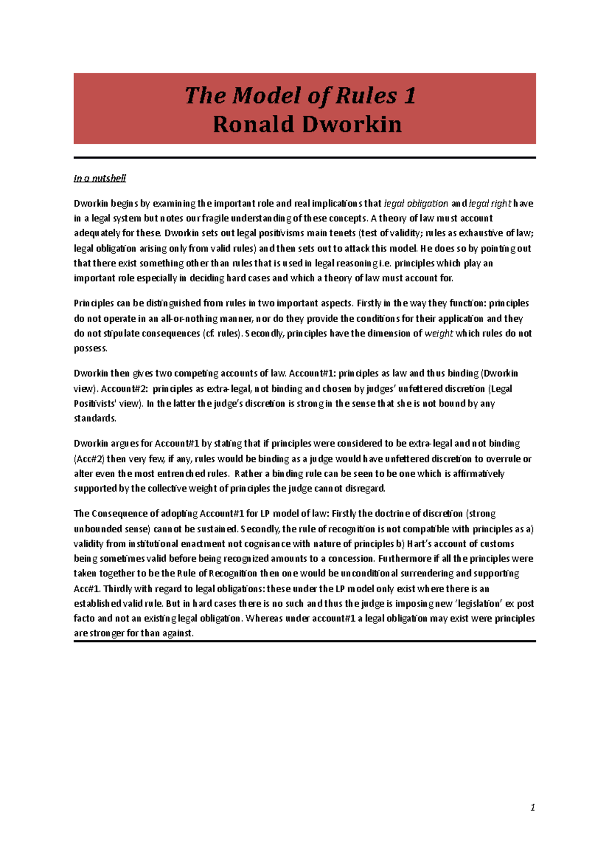 Dworkin - The Model of Rules 1 - The Model of Rules 1 Ronald Dworkin In a nutshell Dworkin ...