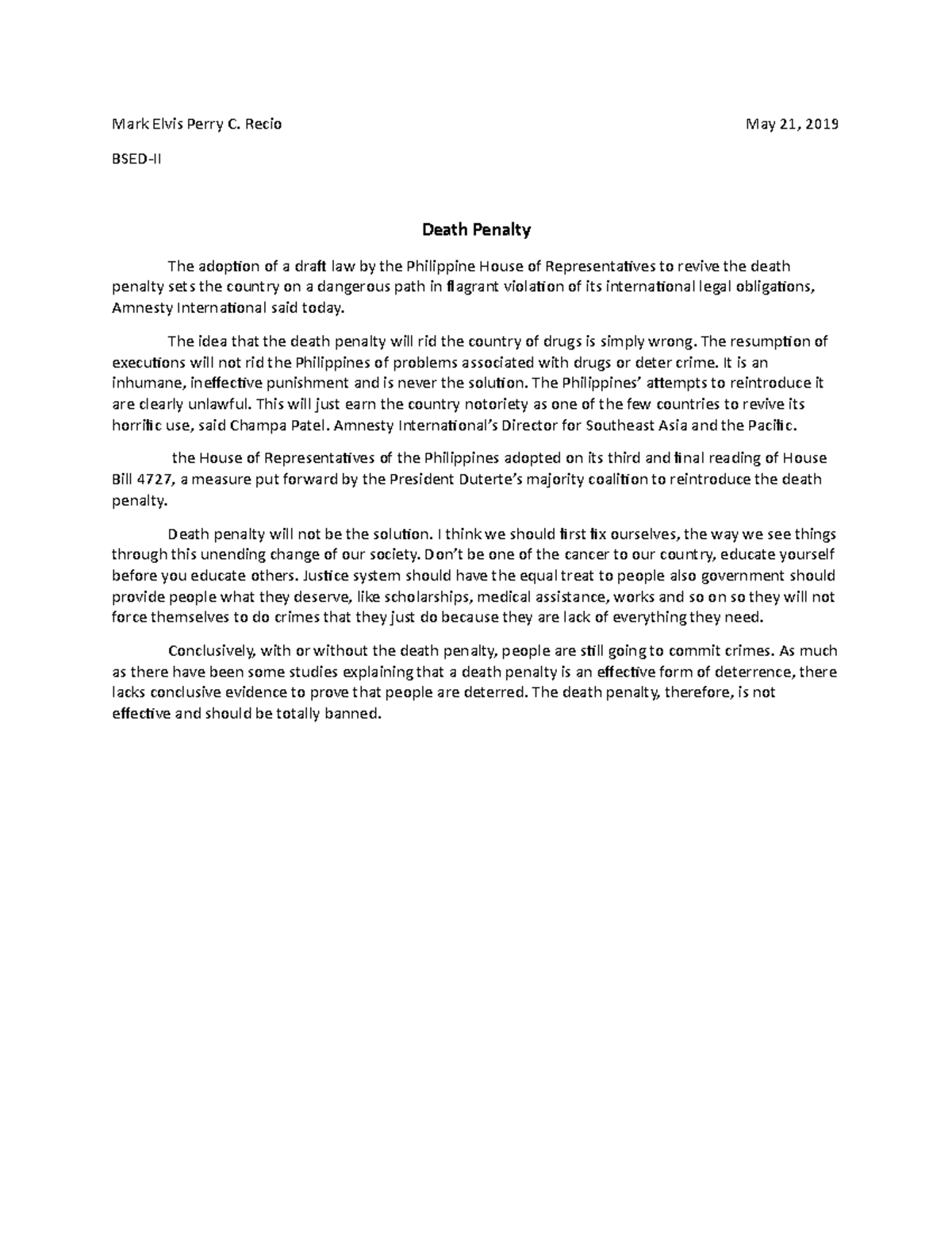 Recio - Death penalty essay - Mark Elvis Perry C. Recio May 21, 2019 ...