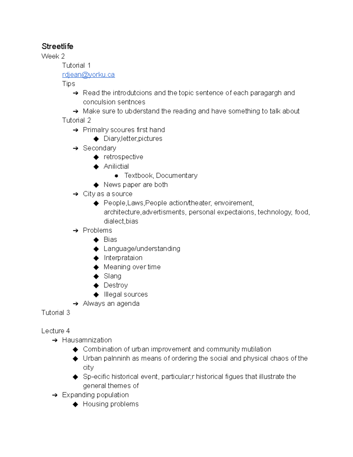 HIST 1095 - Notes lecture 1-4 - Streetlife Week 2 Tutorial 1 rdjean ...