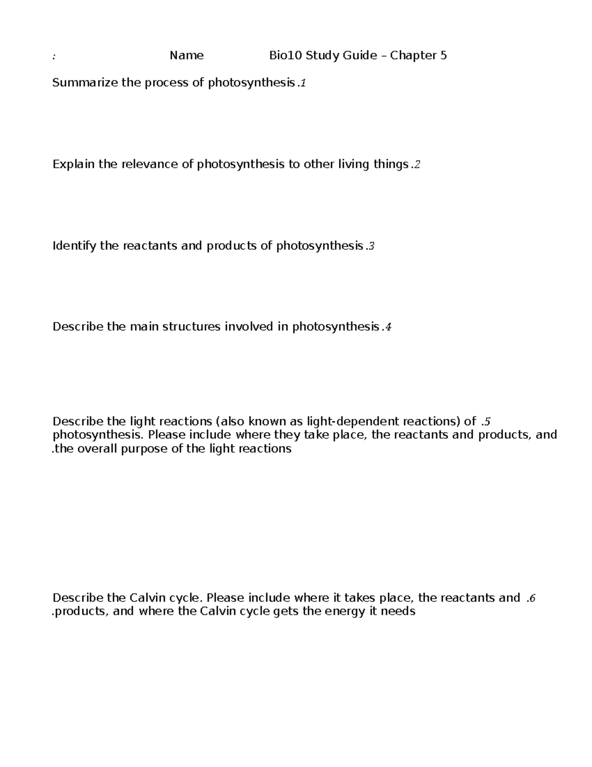 Chapter 5 Study Guide SU20 - : Name Bio10 Study Guide – Chapter 5 ...