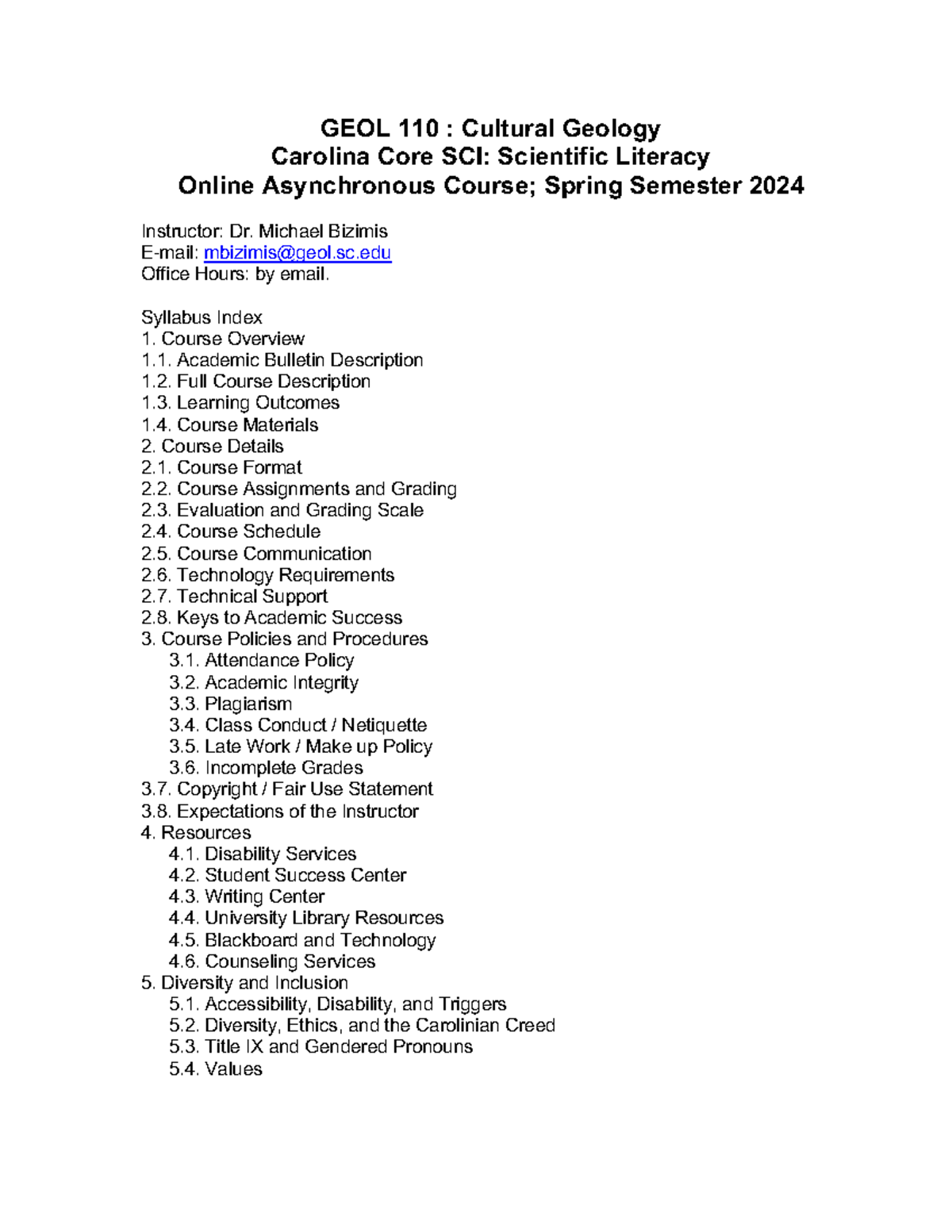 GEOL 110 Online Syllabus - GEOL 110 : Cultural Geology Carolina Core SCI: Scientific Literacy ...