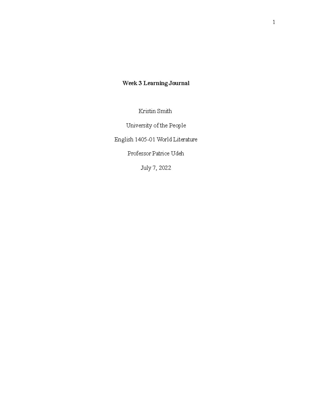 Week 3 Learning Journal - World Literature - 1 Week 3 Learning Journal ...