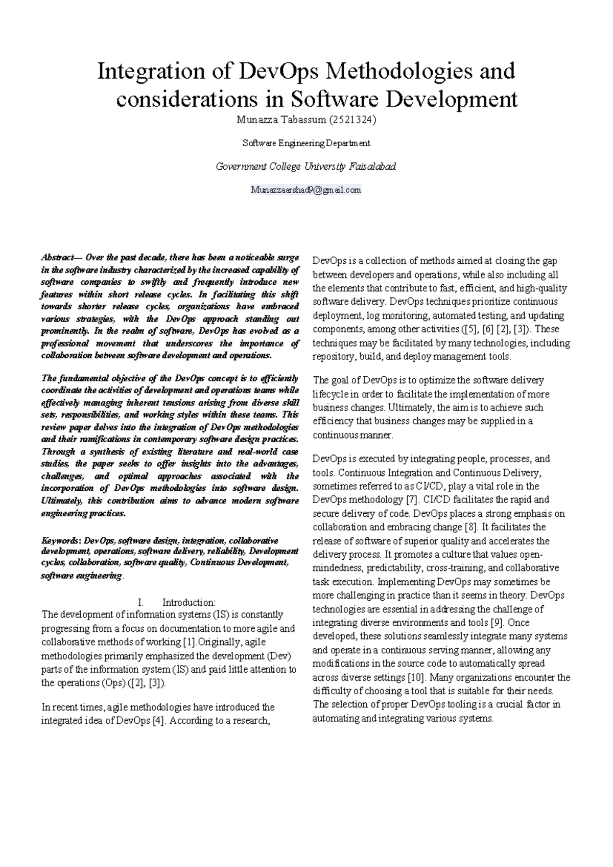 Munazza Review Paper - Integration of DevOps Methodologies and considerations in Software - Studocu