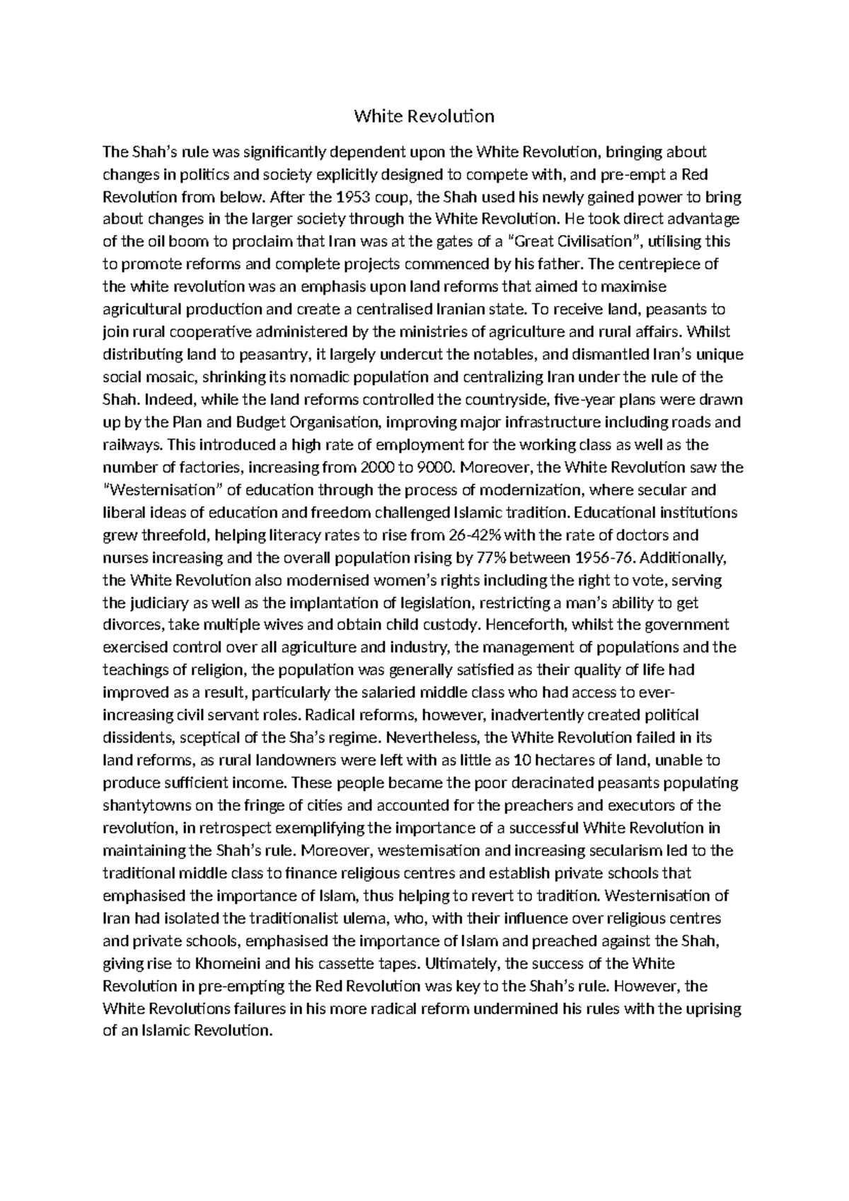 White Revolution initial - White Revolution The Shah’s rule was ...