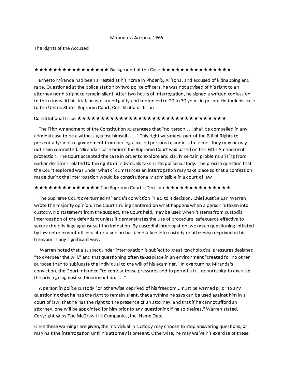 Miranda v. Arizona 1966 - Miranda v. Arizona, 1966 The Rights of the ...